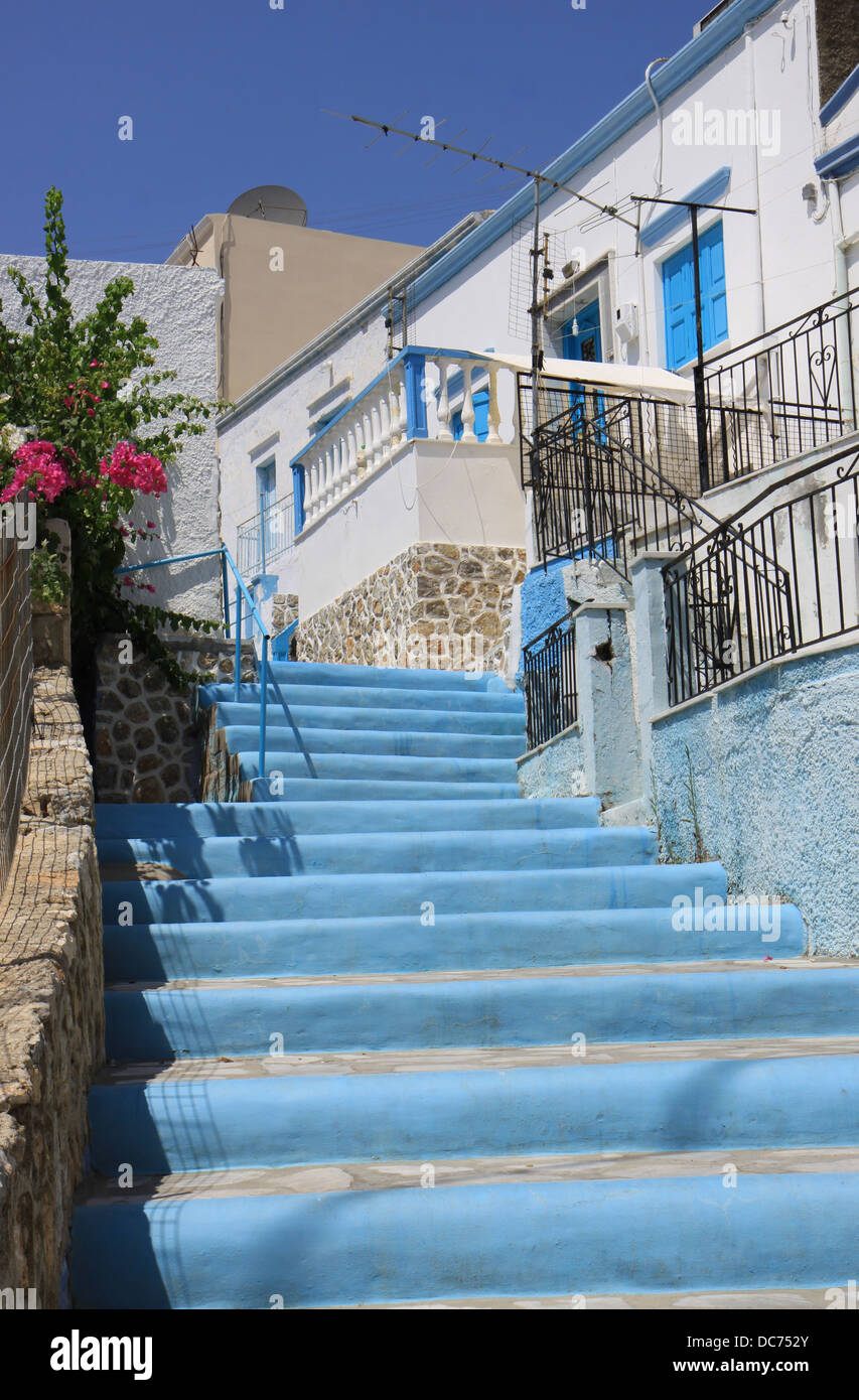 Traditional Blue and White steps to a Greek House with blue sky Stock ...