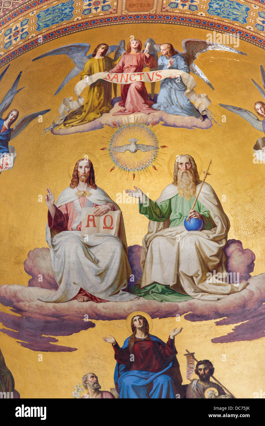 VIENNA - JULY 27: Holy Trinity. Detail from fresco of scene from ...