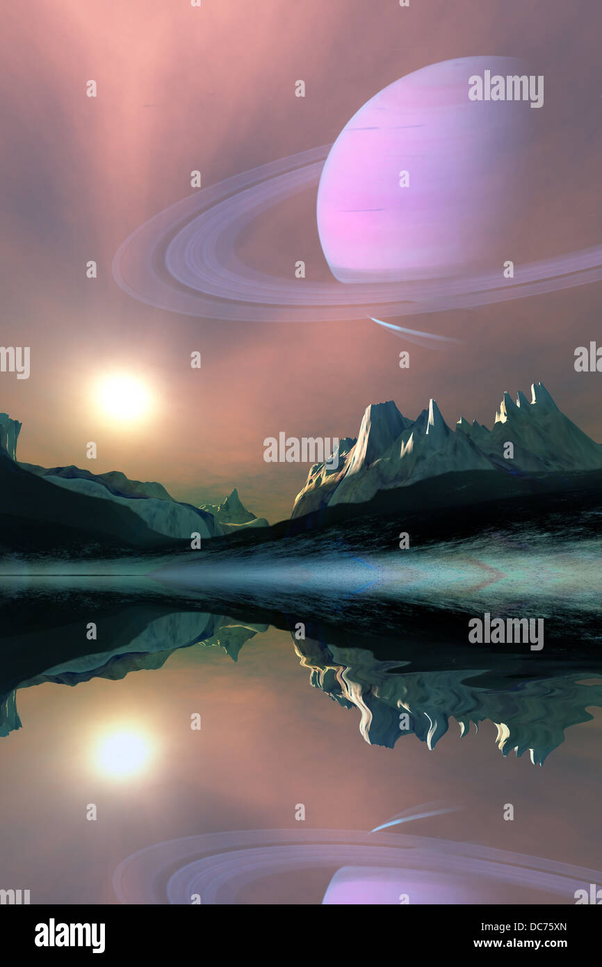 The planet Saturn lights up the sky of one of its moons called Titan ...