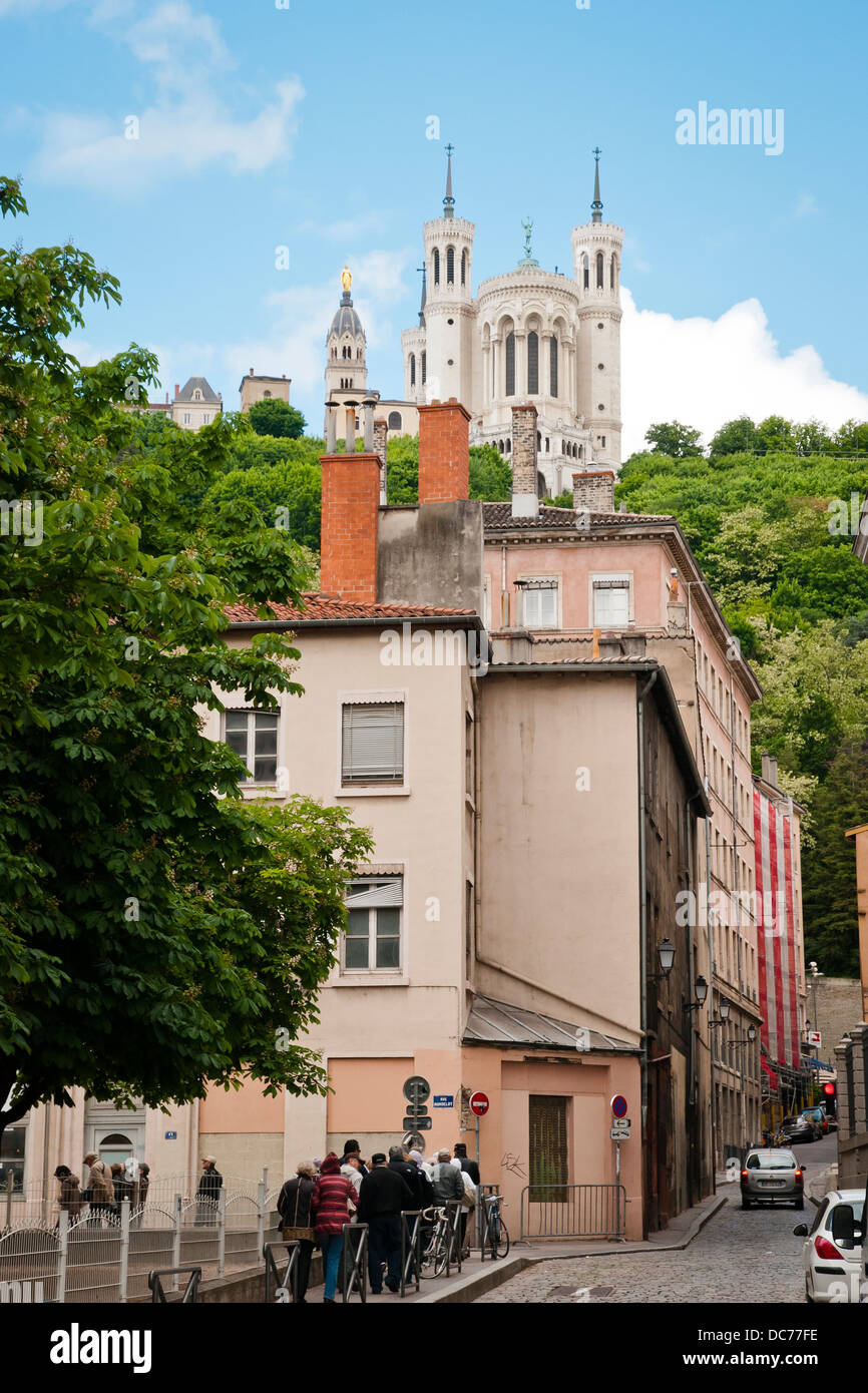 View of Lyon old buildings and Notre Dame Basilica on the hill, France ...