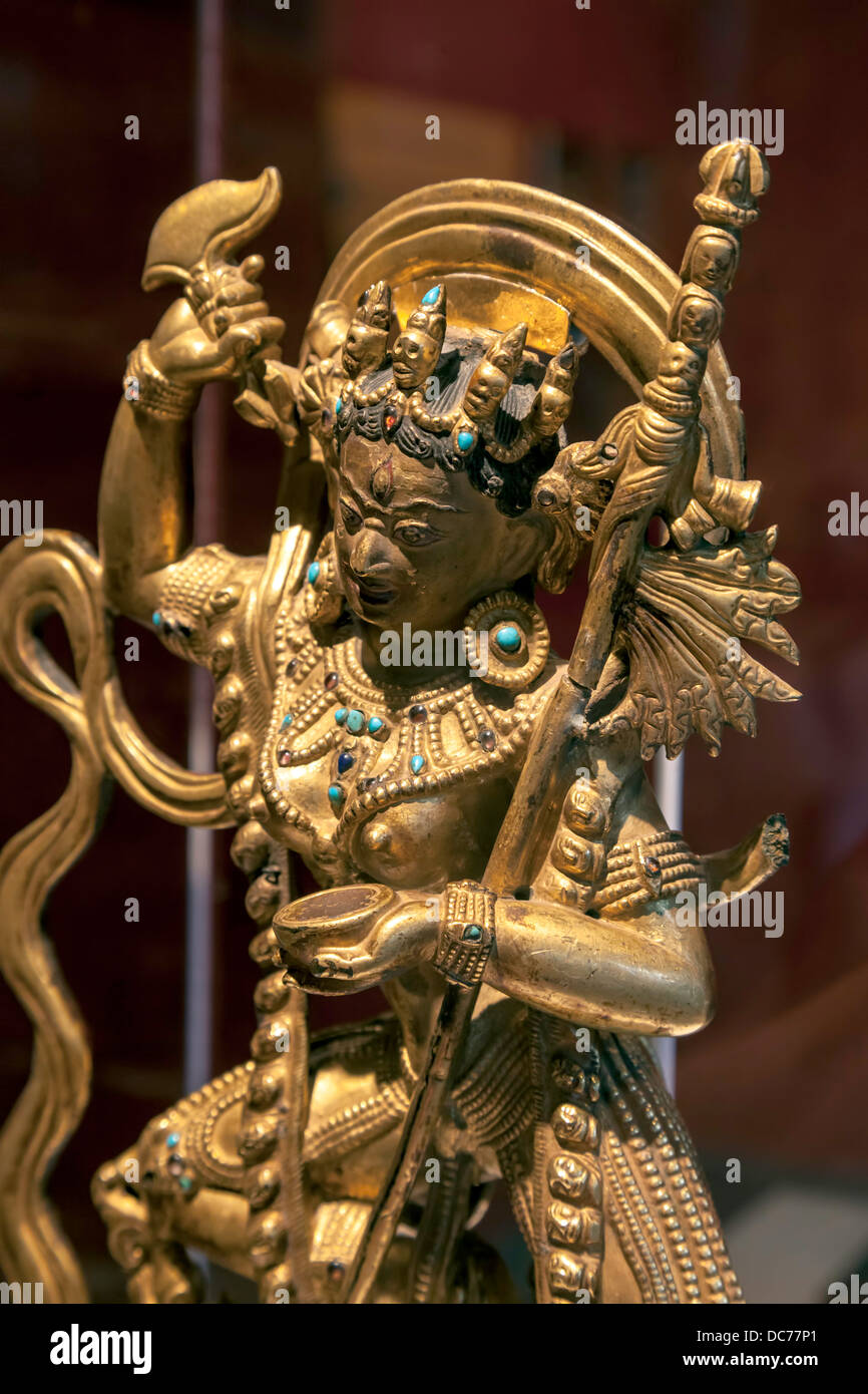 13th century bronze statue of Tibetan god Vajravarahi with gemstones on ...