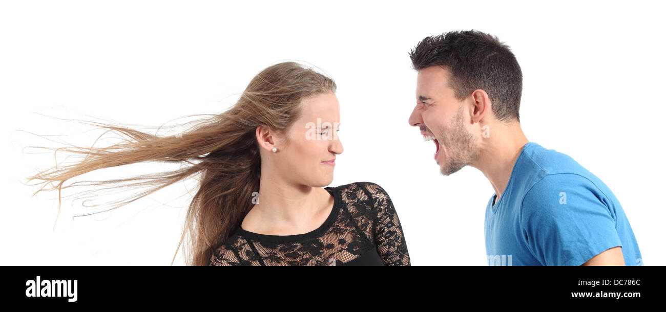 Man shouting to a woman isolated on a white background Stock Photo - Alamy