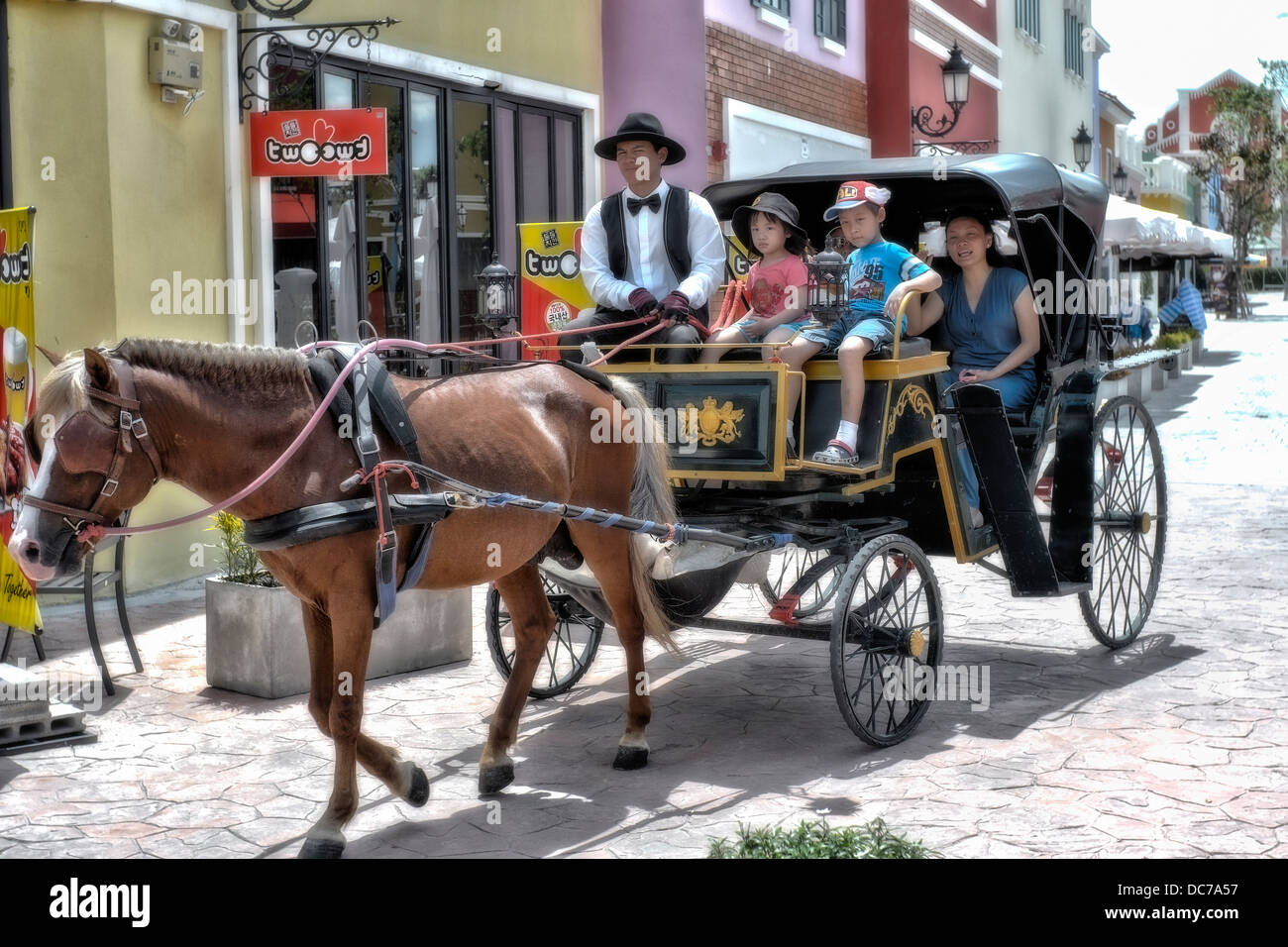 Horse drawn buggy. Young children and mother taking a horse and buggy ...