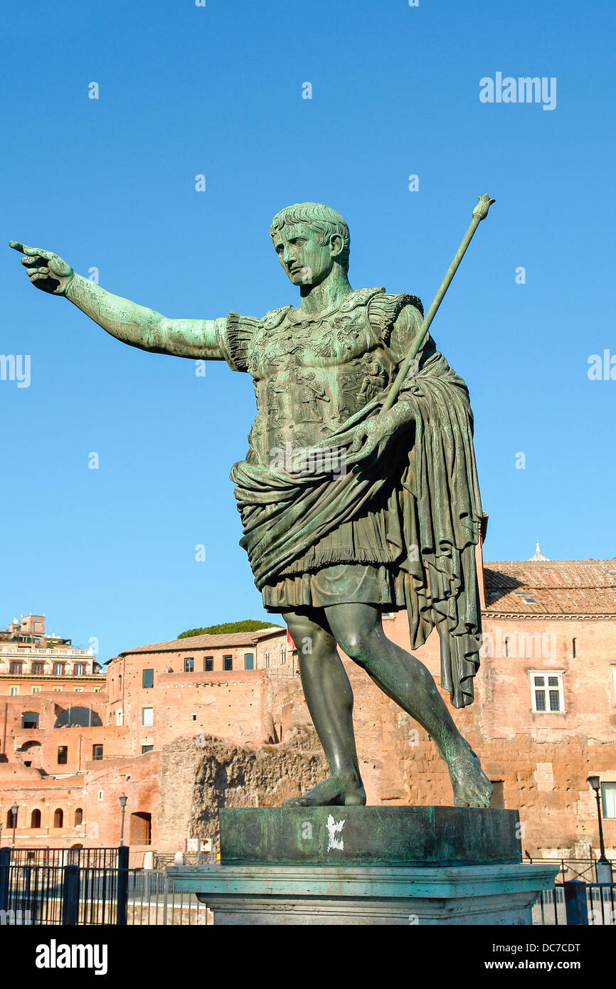 Bronze statue of emperor Caesar Augustus on Via dei Fori Imperiali ...