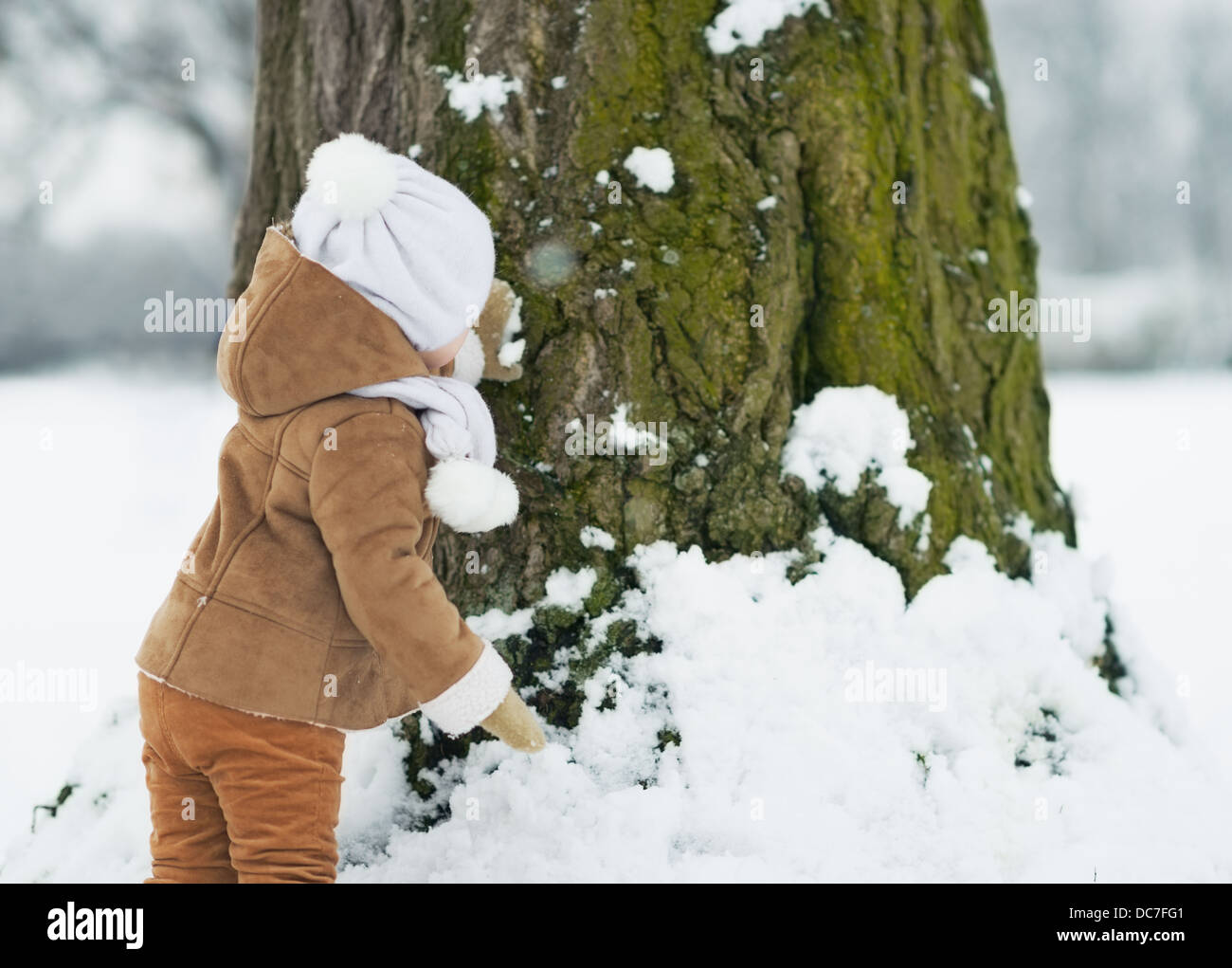 Baby playing with tree in winter . rear view Stock Photo - Alamy