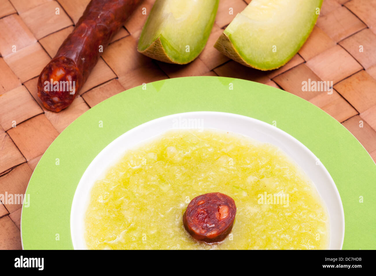 Cold soup with melon and spanish pork sausage chorizo Stock Photo - Alamy
