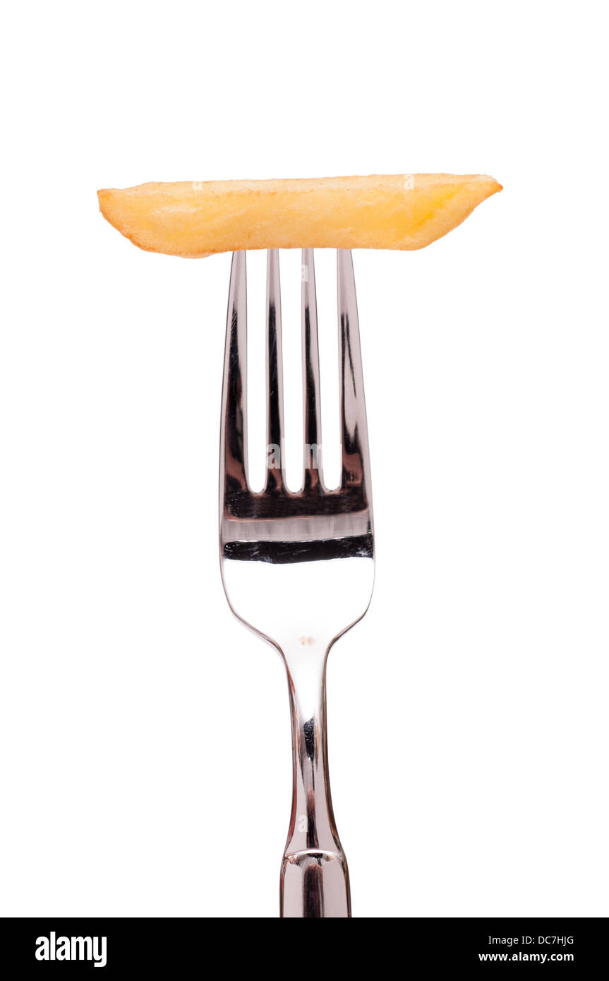 White isolated potato chip on a fork Stock Photo - Alamy