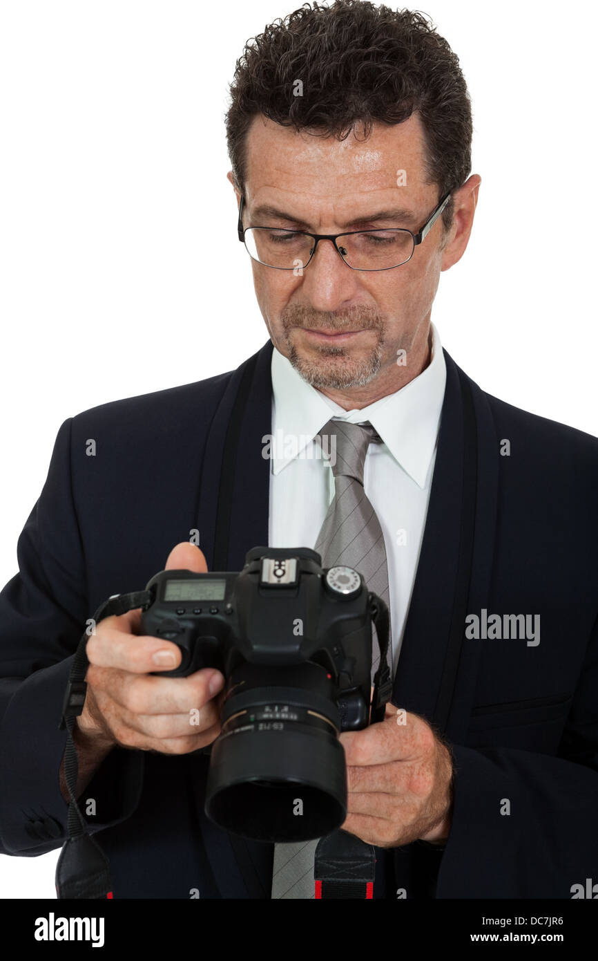 adult man photographer with digital camera dslr isolated on white Stock ...