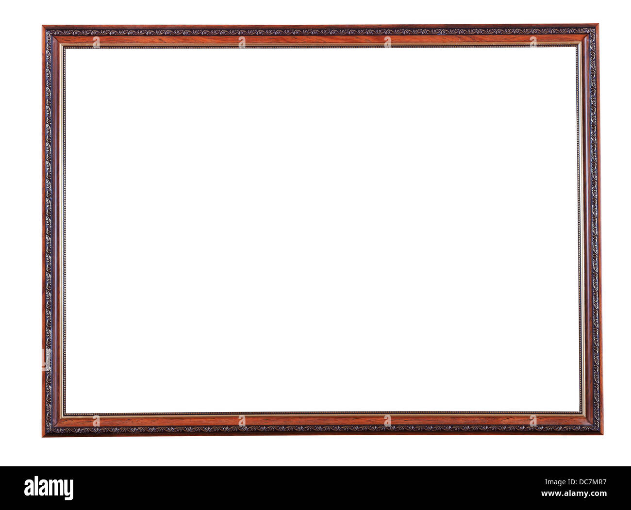 retro narrow brown wooden picture frame with cutout canvas isolated on ...