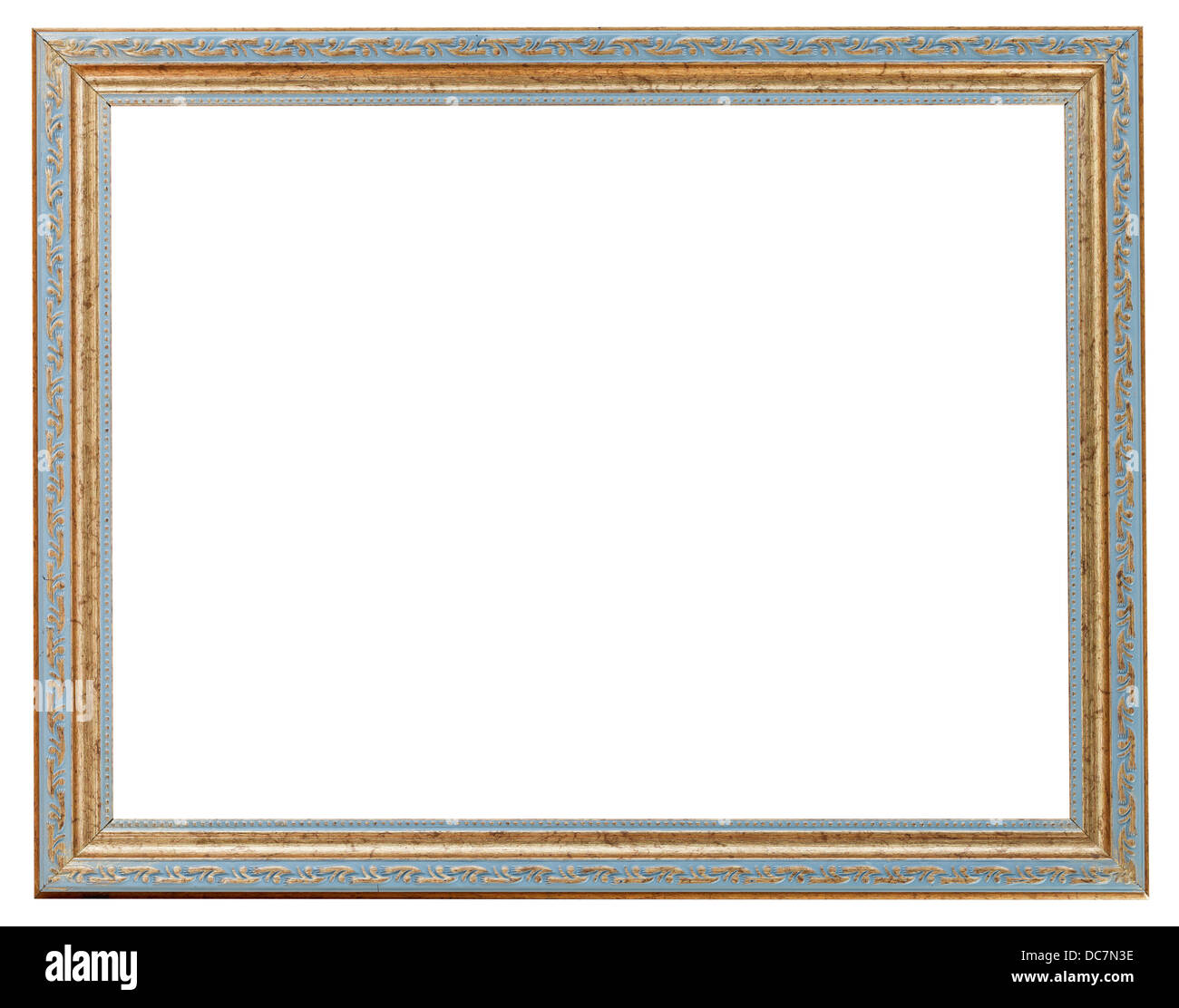 blue and gold ancient narrow picture frame with cutout canvas isolated ...