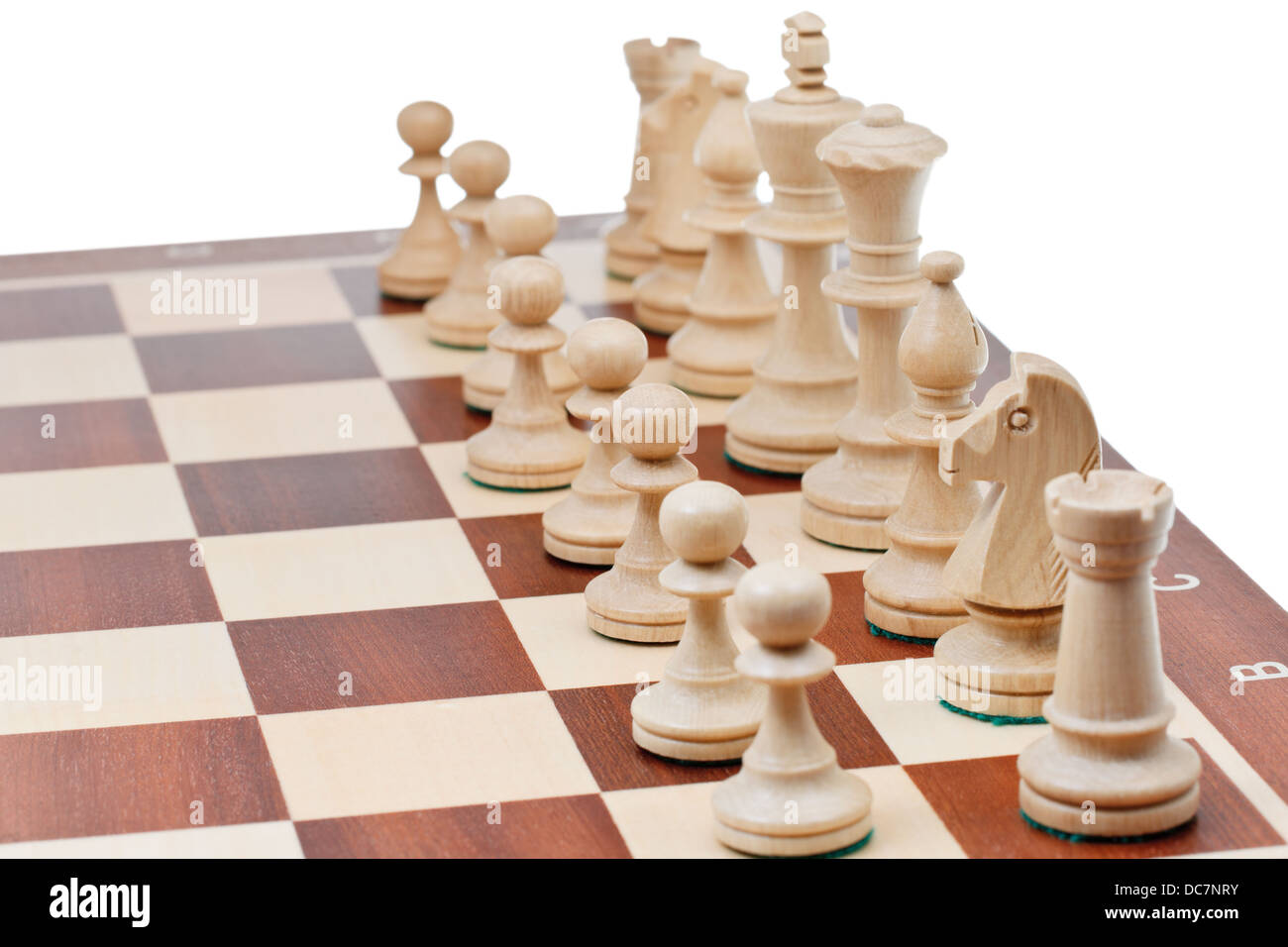 set of white chess pieces placed on chessboard close up Stock Photo - Alamy