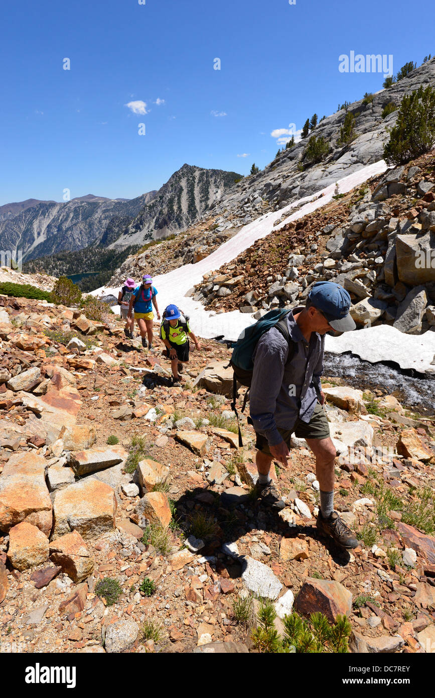 Family hiking at high elevation in the Wallowa Mountains, Oregon Stock ...