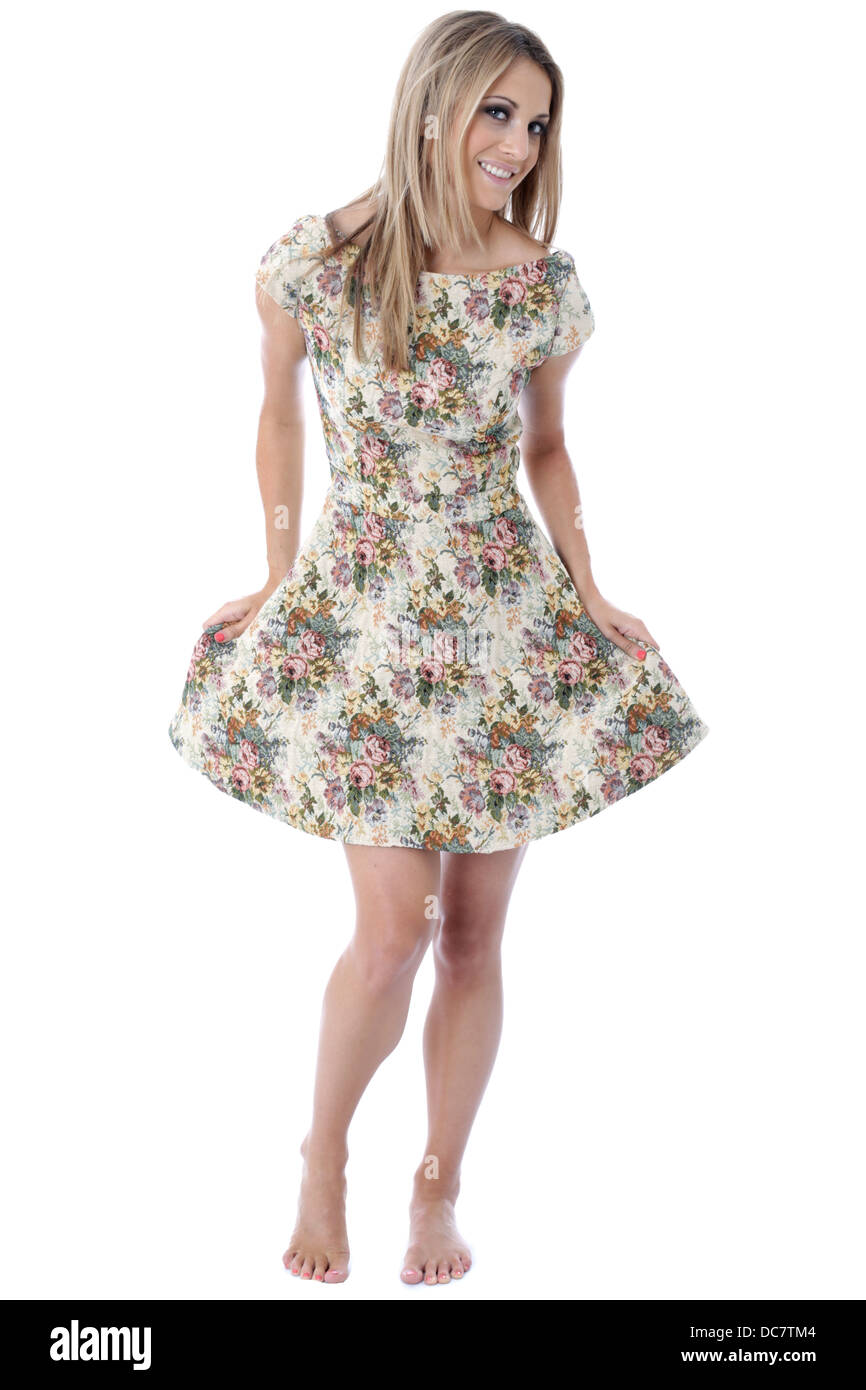 Model Released. Happy Young Woman Wearing a Short Mini Dress Stock ...