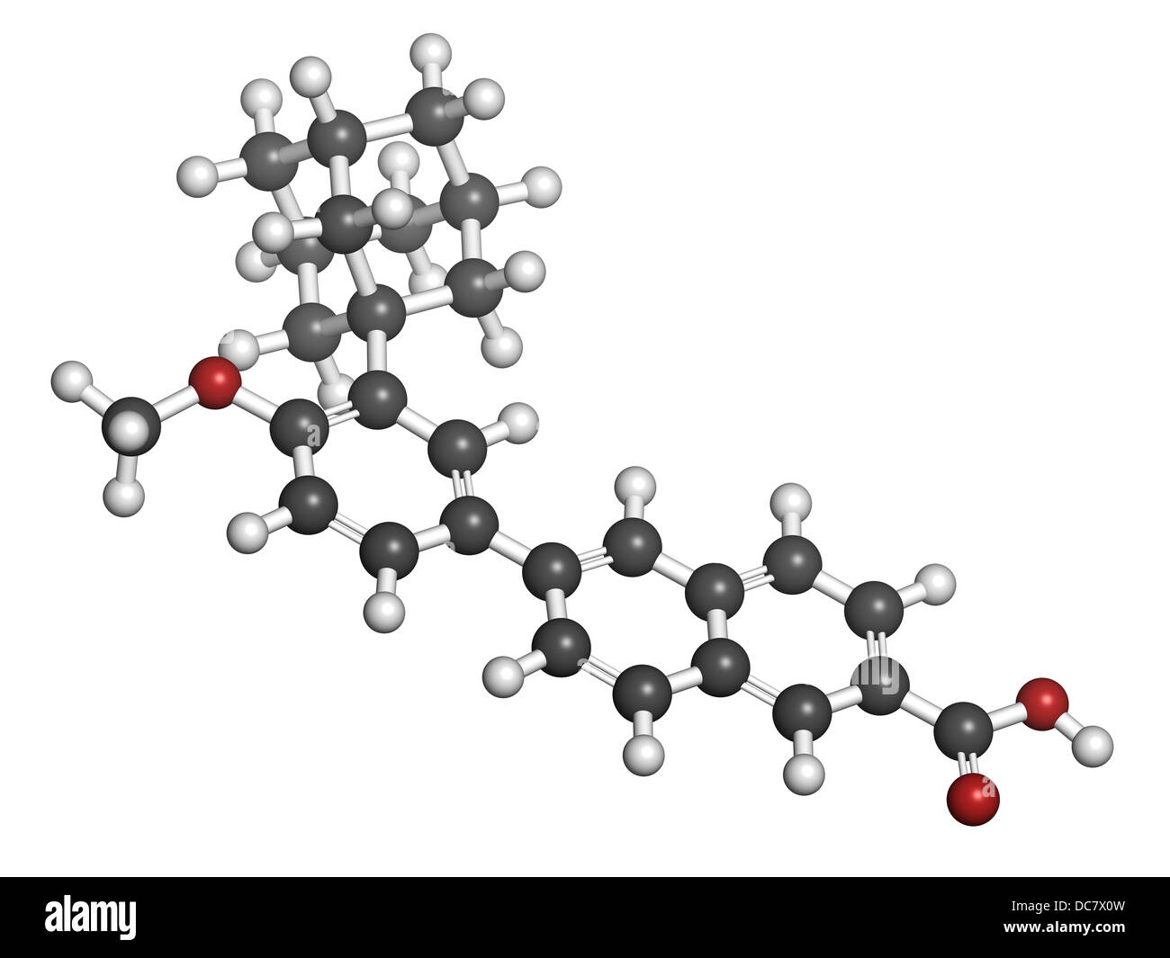 Adapalene acne treatment drug, chemical structure. Atoms are ...
