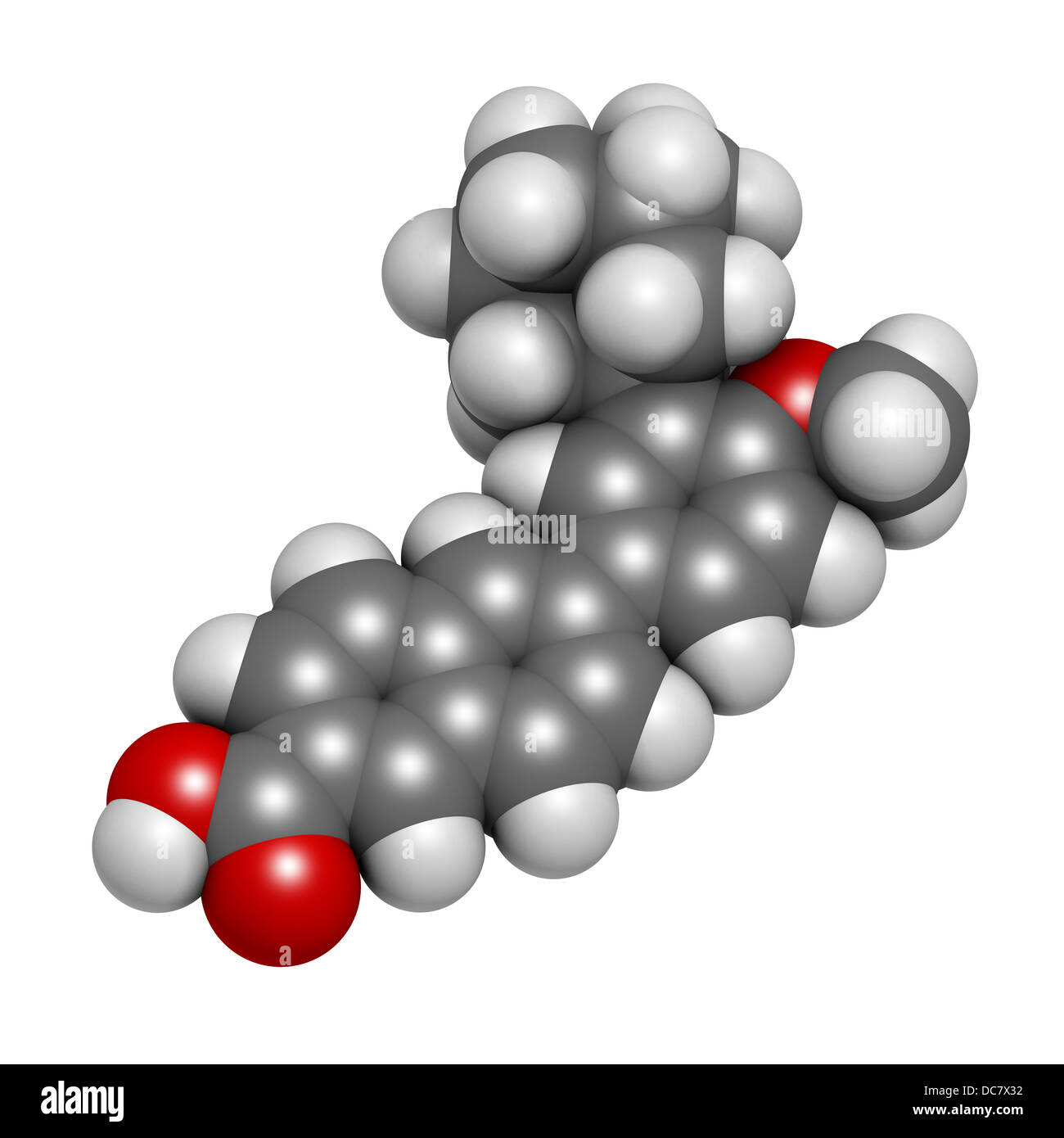Adapalene acne treatment drug, chemical structure. Atoms are ...