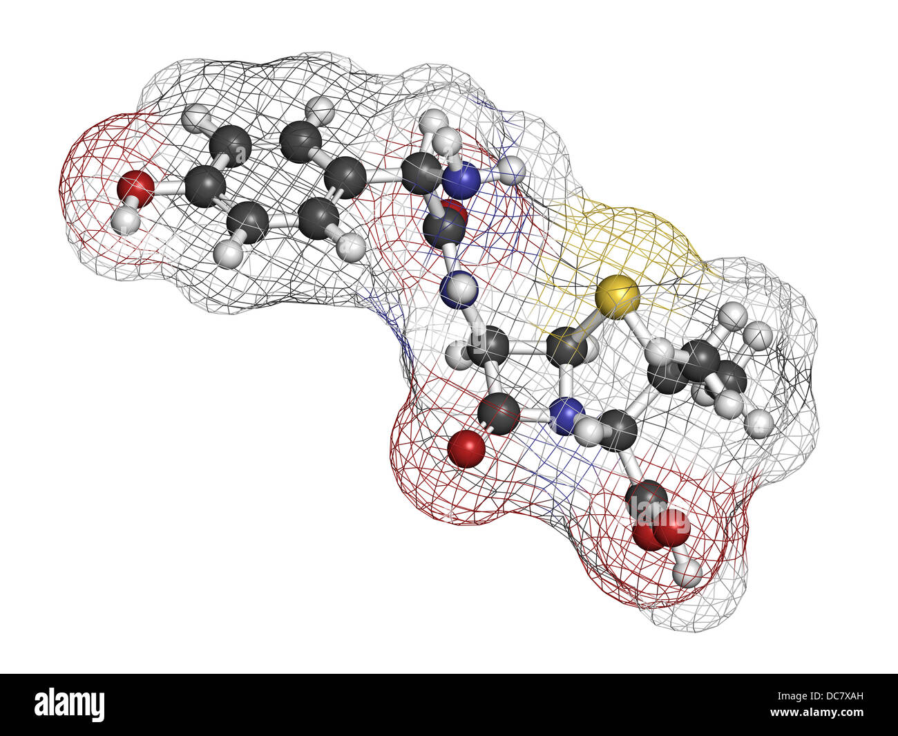 Amoxicillin beta-lactam antibiotic drug, chemical structure. Atoms are ...