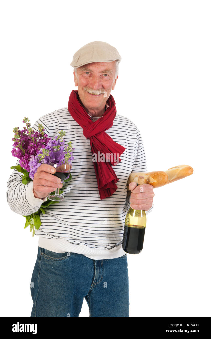 Typical French man with bread and wine isolated over white background ...