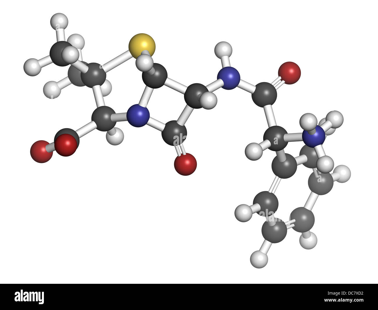 Ampicillin beta-lactam antibiotic drug, chemical structure. Atoms are ...