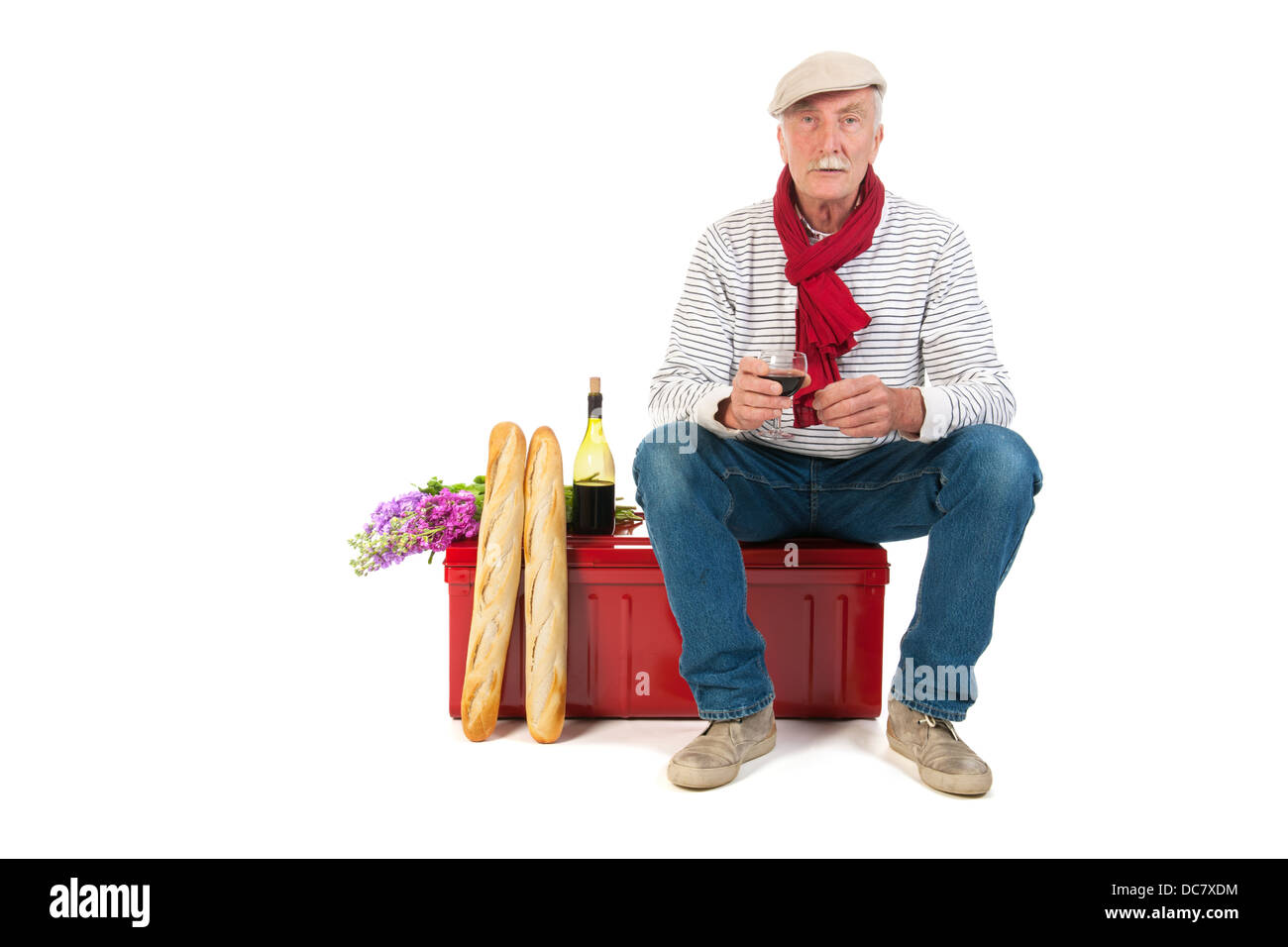Typical French man with bread and wine isolated over white background ...