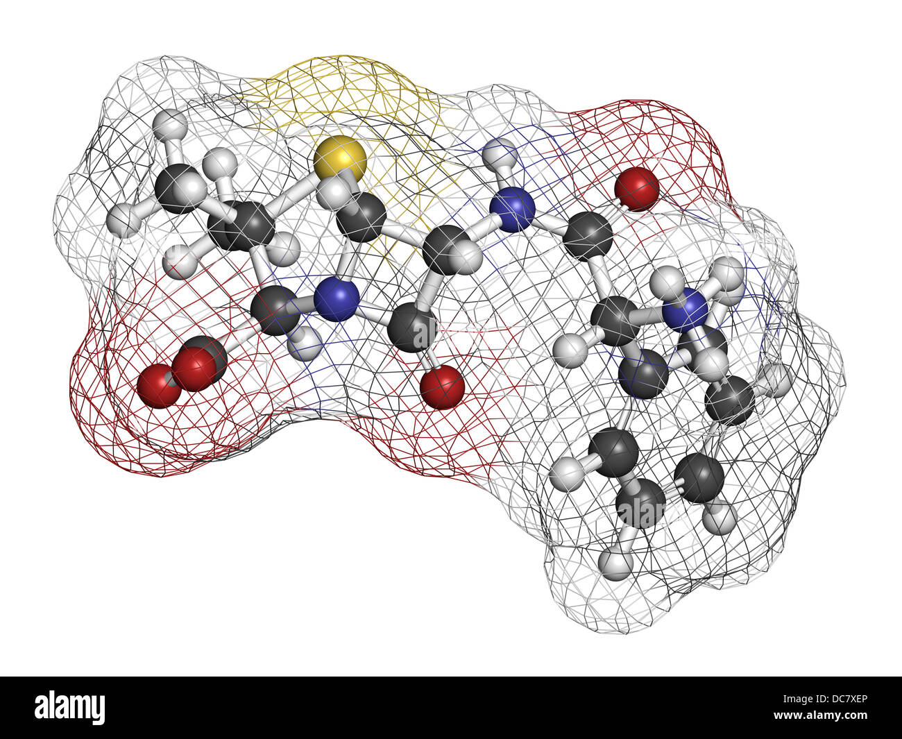 Ampicillin beta-lactam antibiotic drug, chemical structure. Atoms are ...