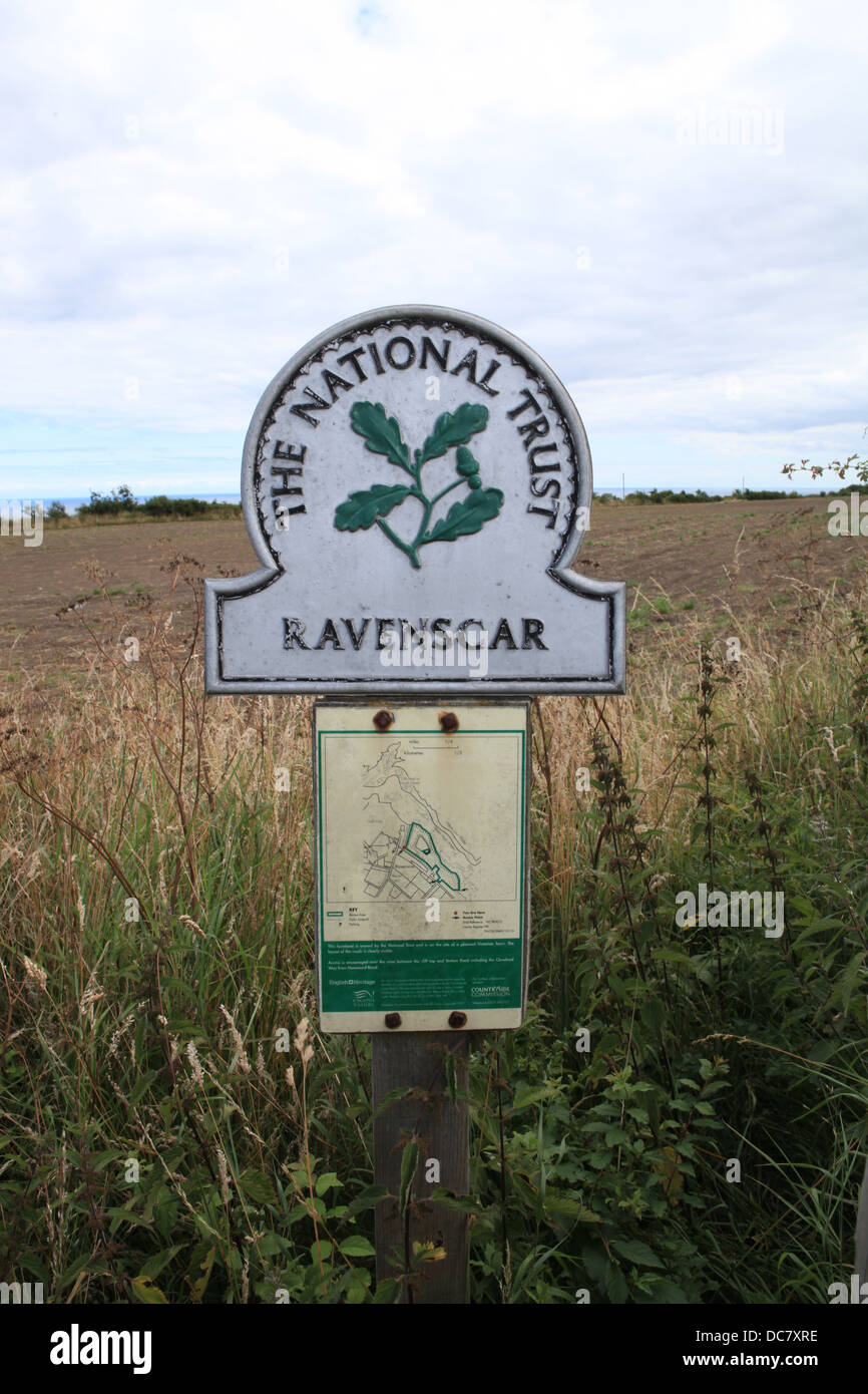 National trust sign Ravenscar on the east coast of the North York Moors ...