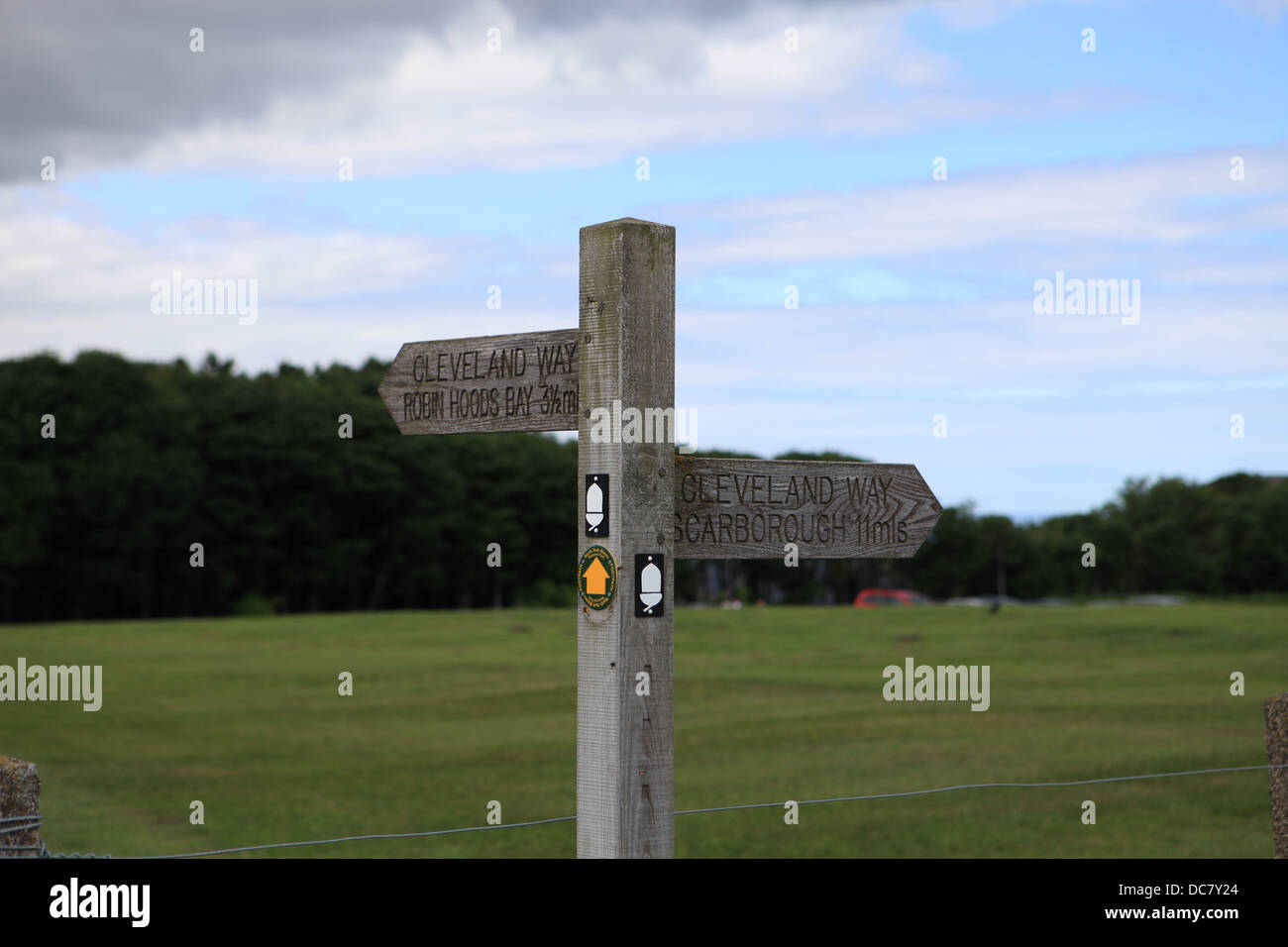 Ravenscar cleveland way and Scarborough wooden sign post Stock Photo ...
