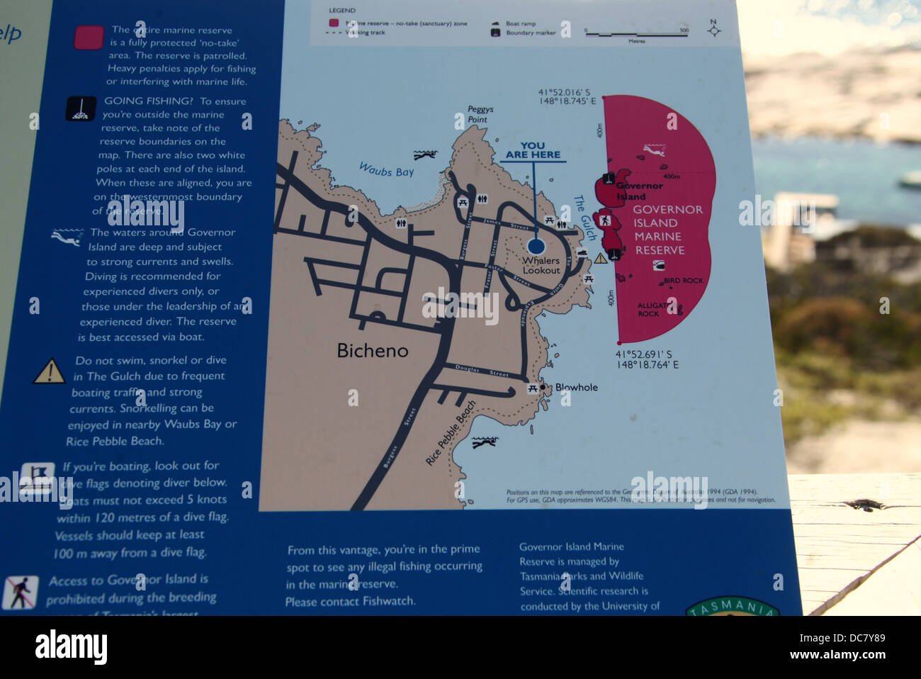 Bicheno Information Board on the east coast of Tasmania Stock Photo - Alamy