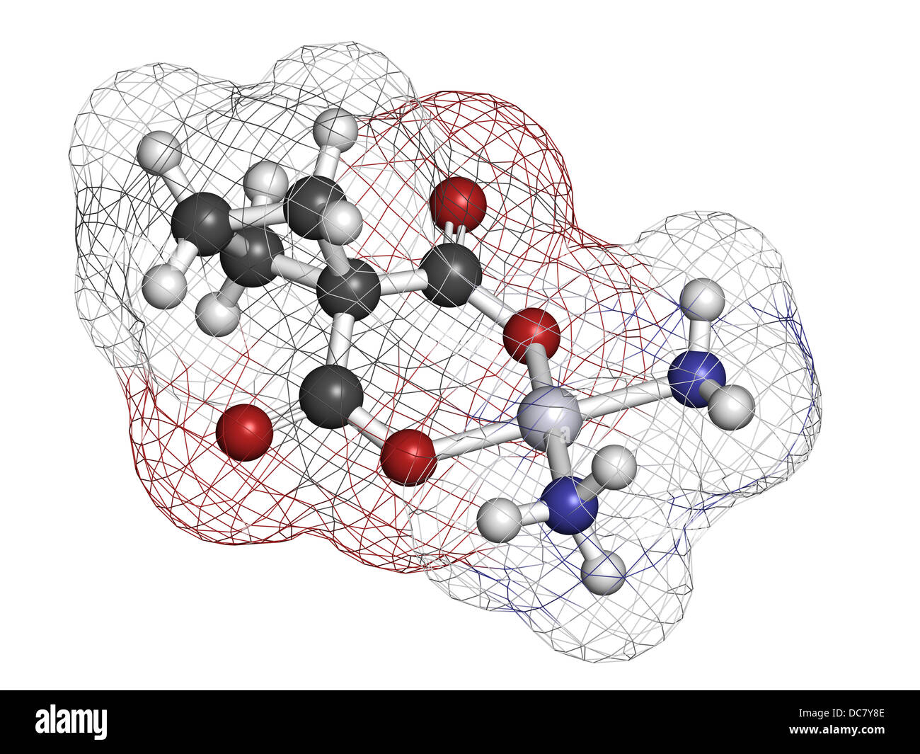 Carboplatin cancer chemotherapy drug, chemical structure. Atoms are ...