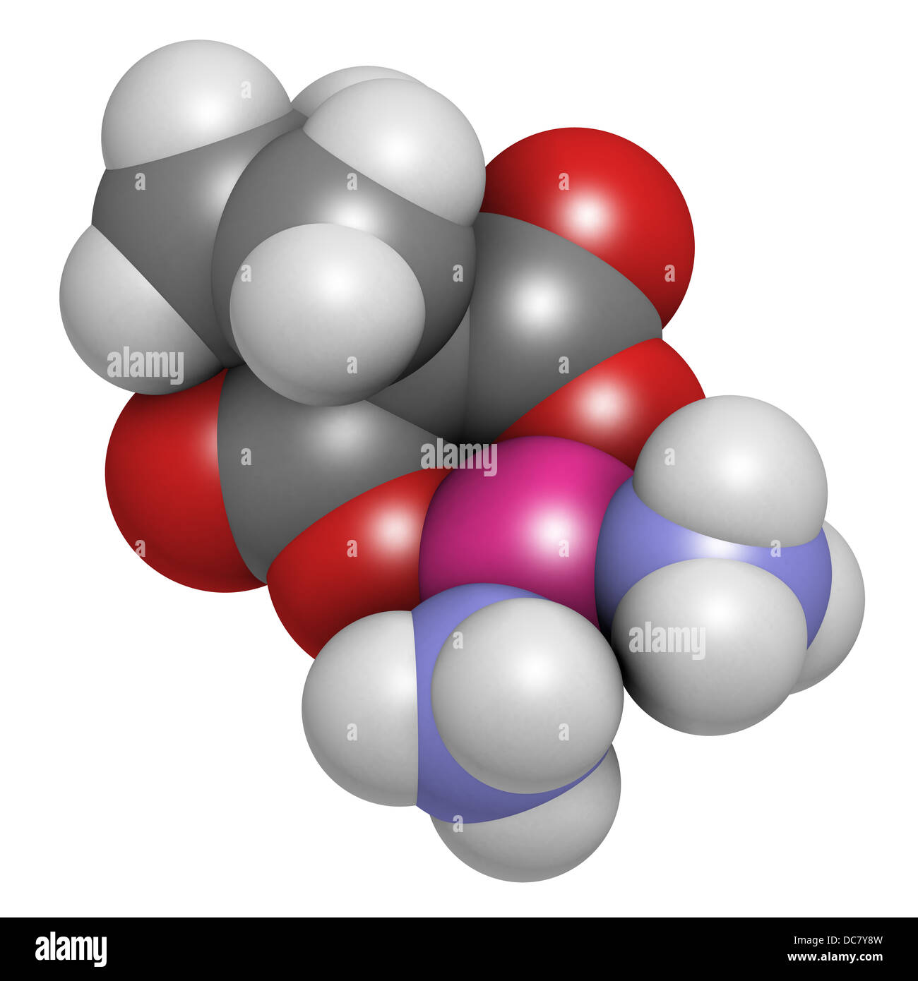 Carboplatin cancer chemotherapy drug, chemical structure. Atoms are ...