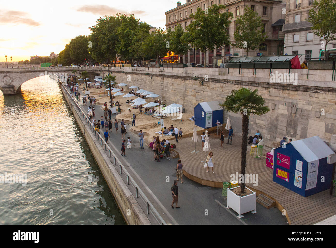 Paris, France, Overview at dusk, City Beach, Paris Plages, on Seine ...