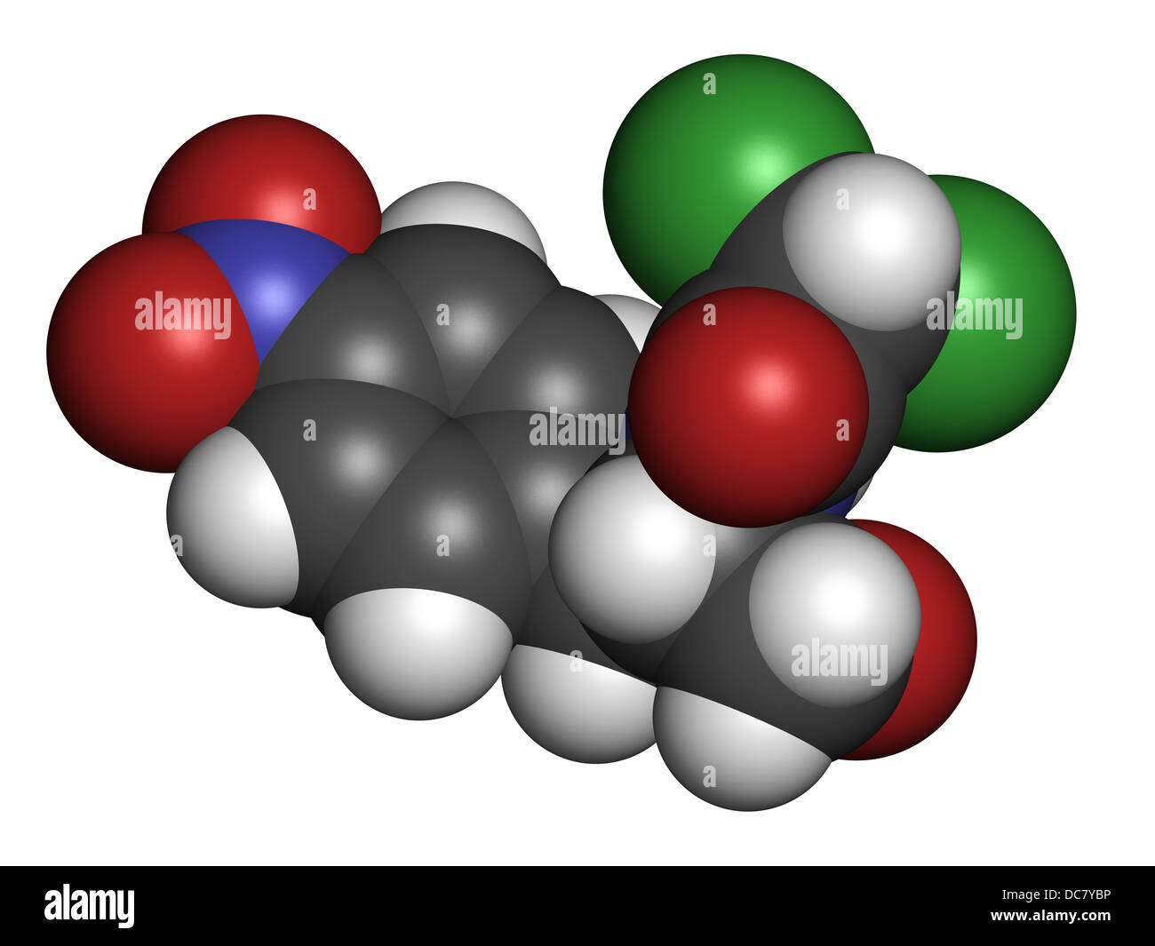 Chloramphenicol antibiotic drug, chemical structure. Atoms are ...