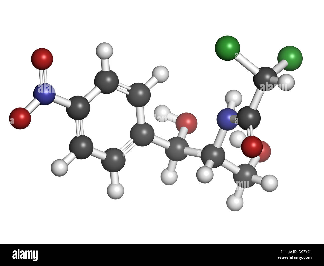 Chloramphenicol antibiotic drug, chemical structure. Atoms are ...