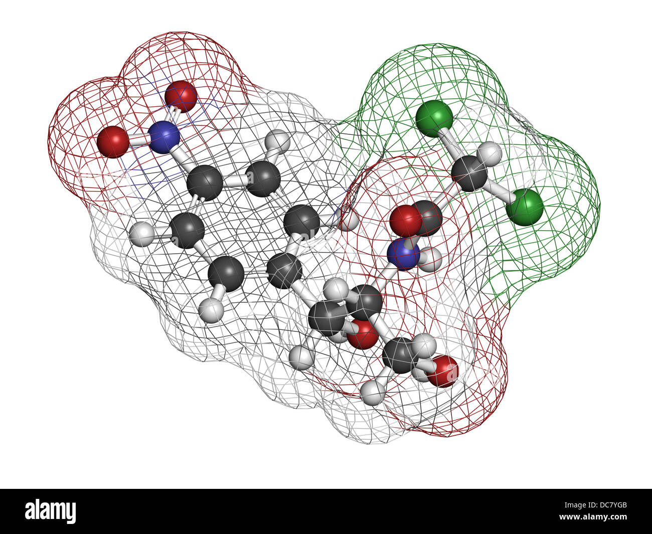 Chloramphenicol antibiotic drug, chemical structure. Atoms are ...