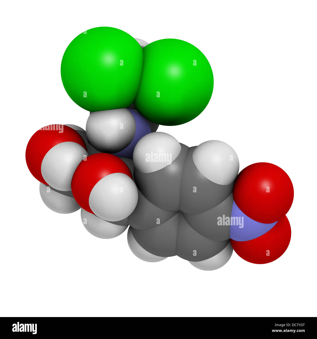 Chloramphenicol antibiotic drug, chemical structure. Atoms are ...