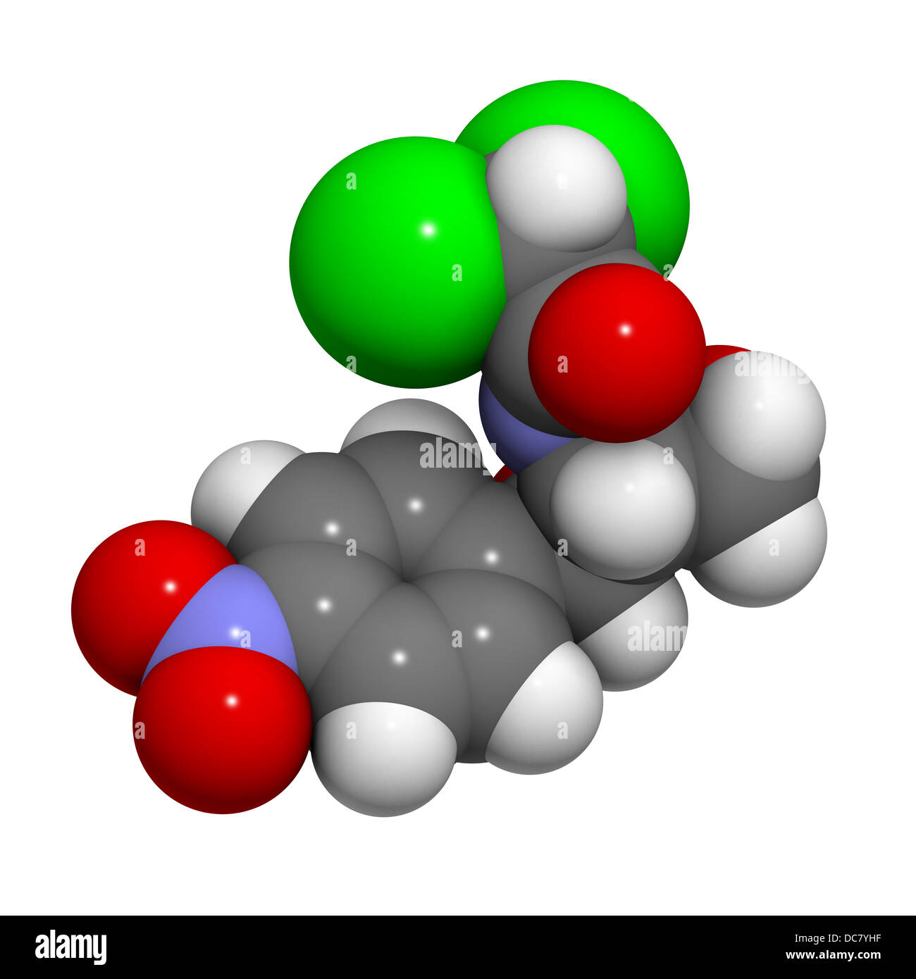 Chloramphenicol antibiotic drug, chemical structure. Atoms are ...