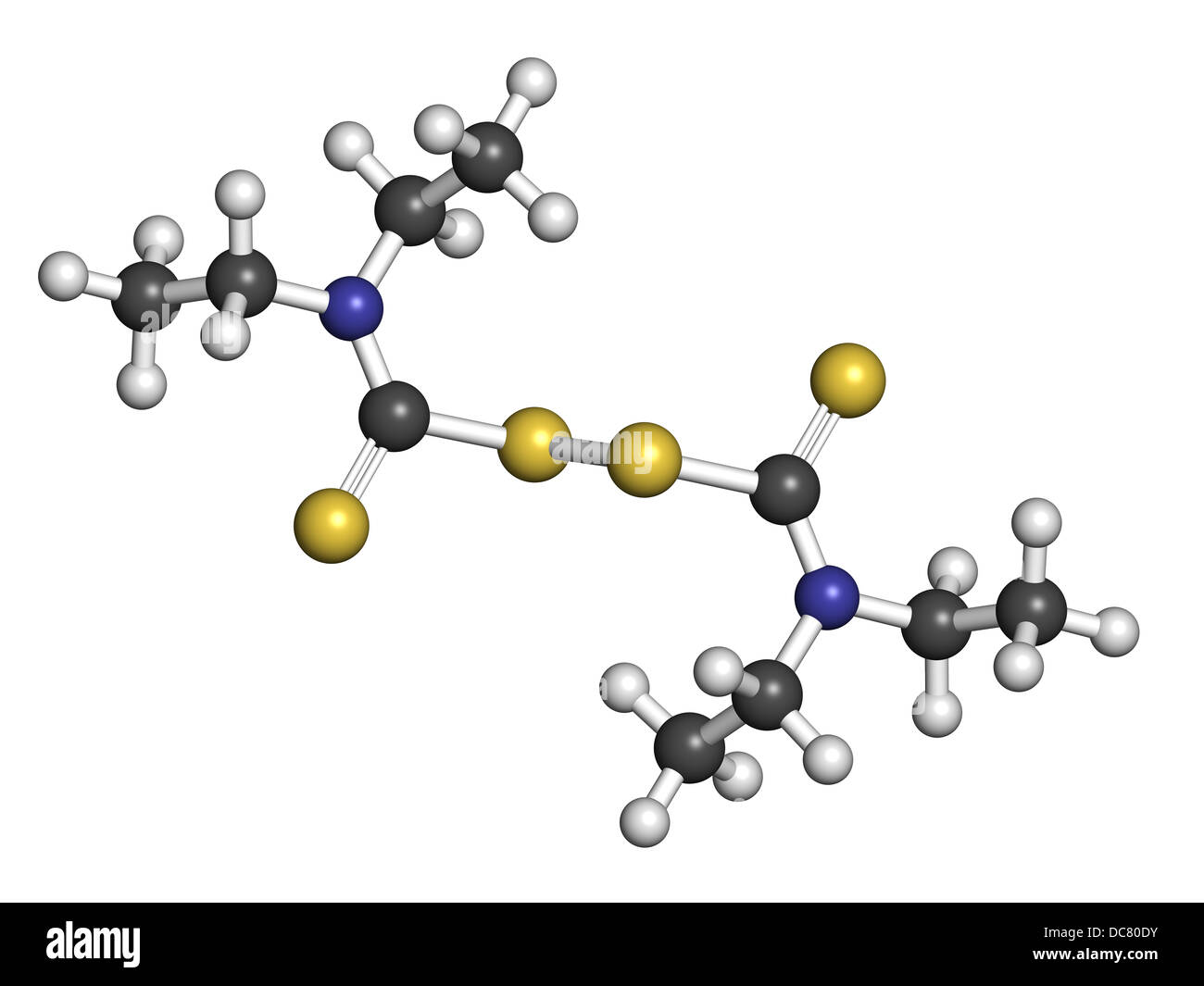 Disulfiram alcoholism treatment drug, chemical structure. Atoms are ...