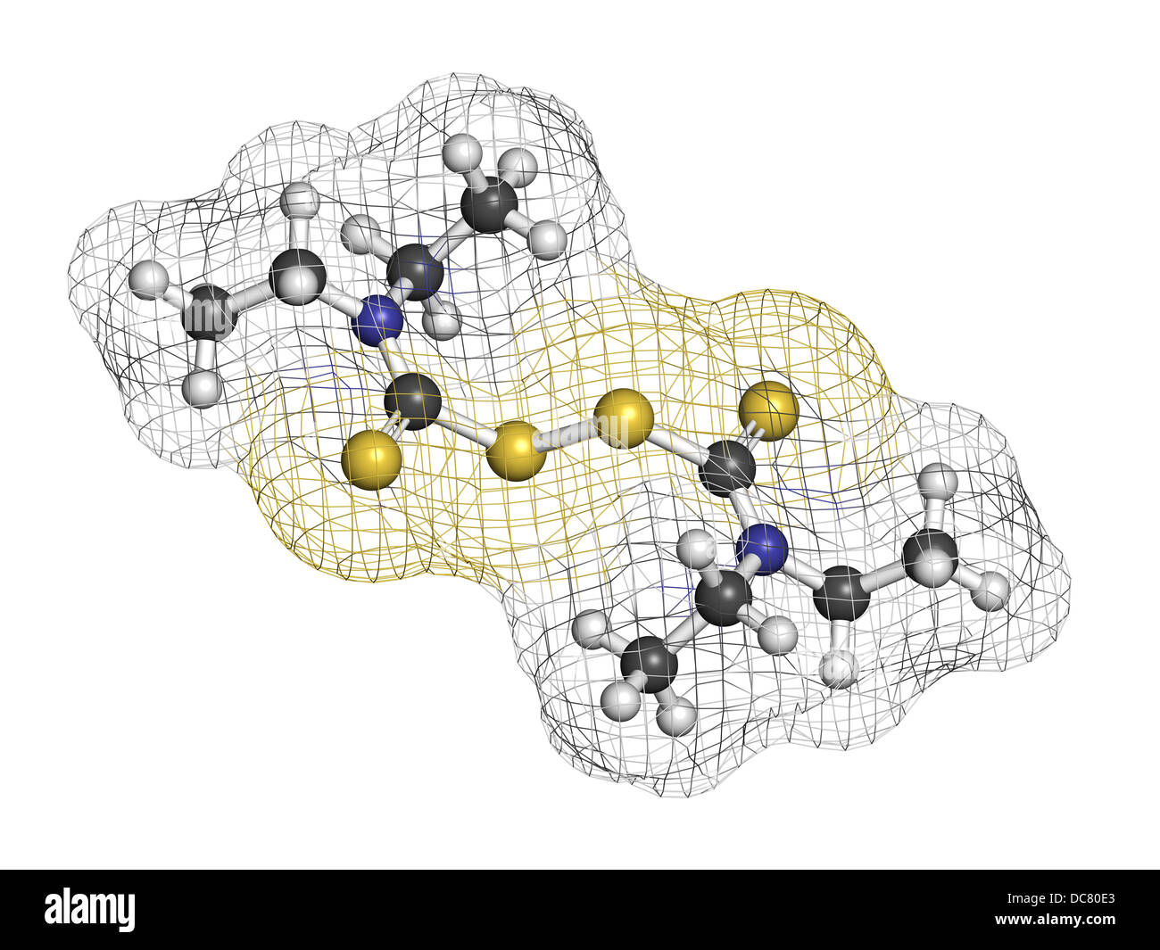 Disulfiram alcoholism treatment drug, chemical structure. Atoms are ...