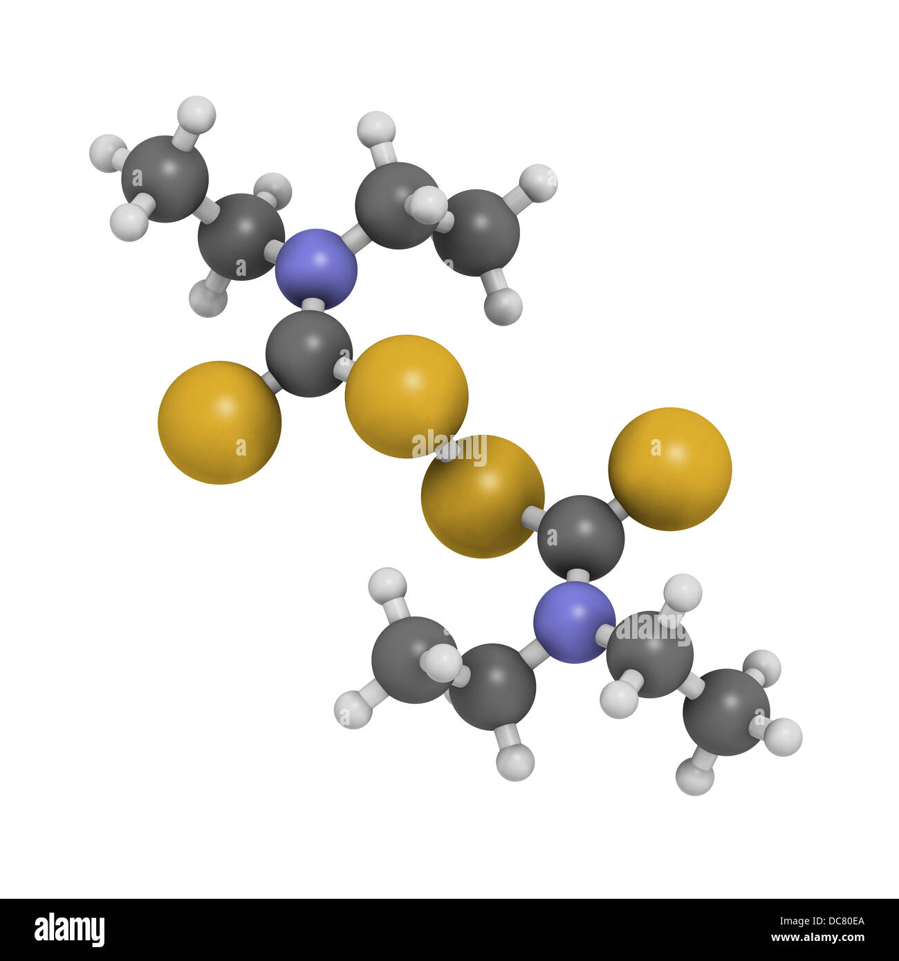 Disulfiram alcoholism treatment drug, chemical structure. Atoms are ...