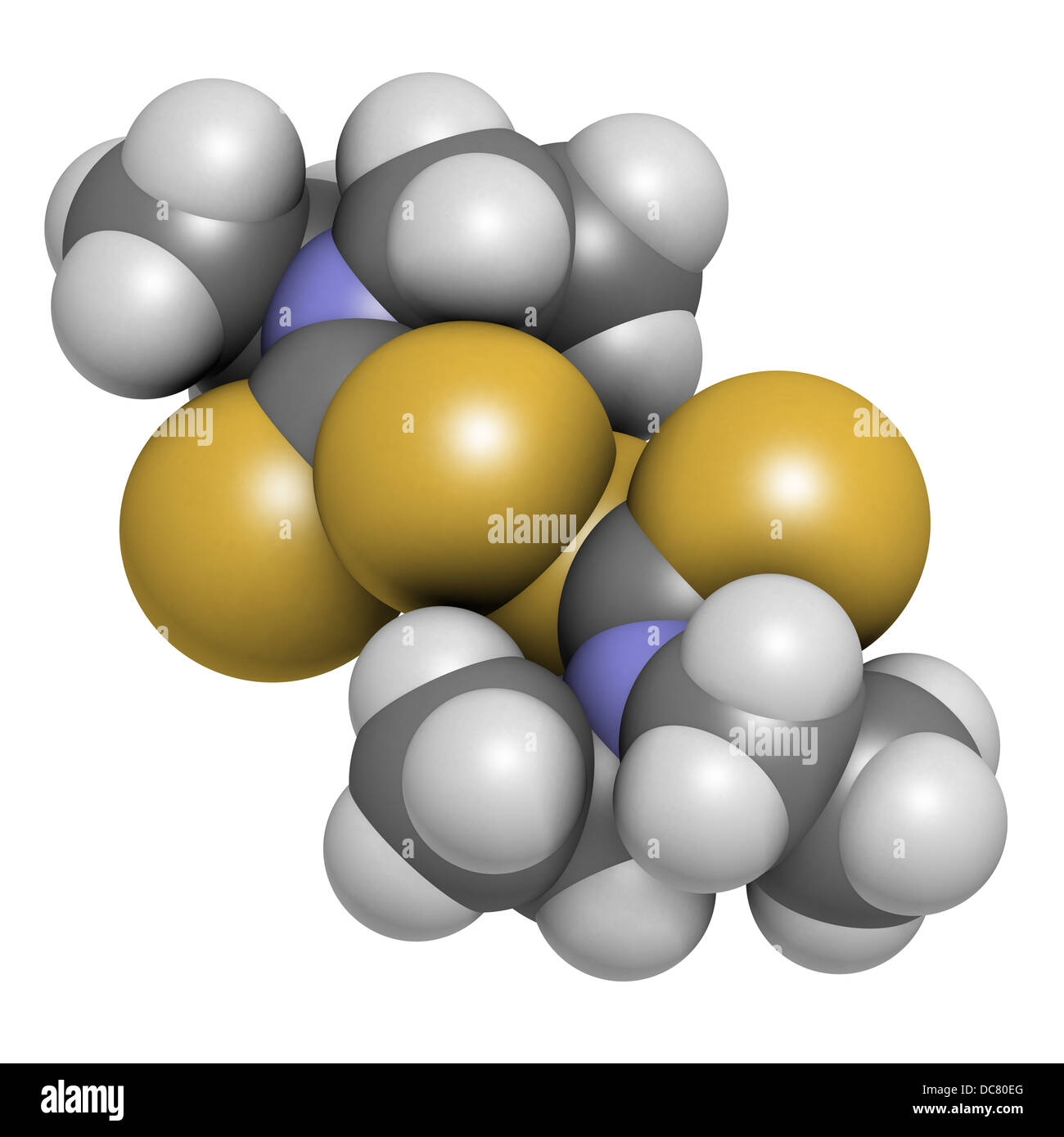 Disulfiram alcoholism treatment drug, chemical structure. Atoms are ...