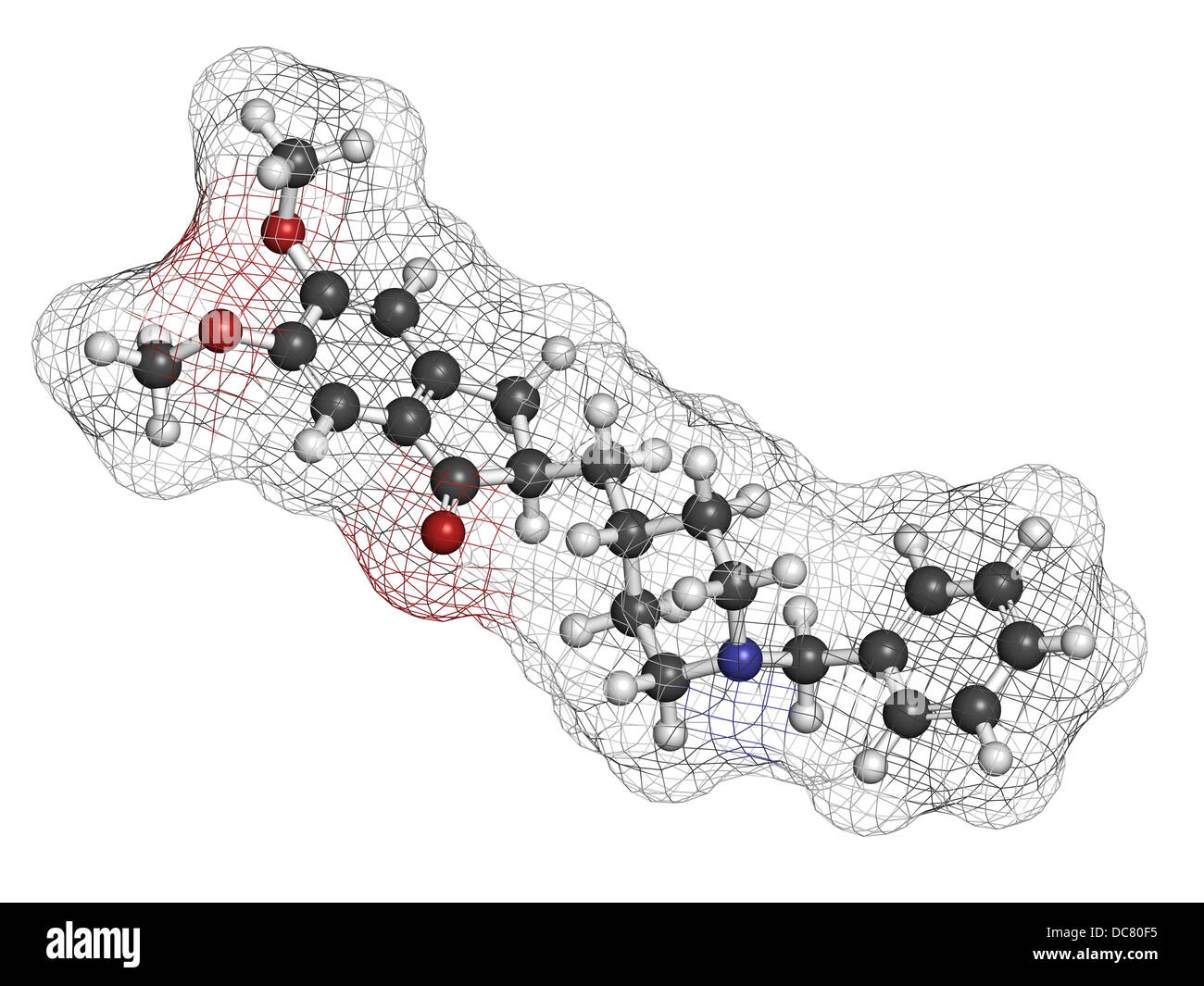 Donepezil Alzheimer's disease drug, chemical structure. Atoms are ...