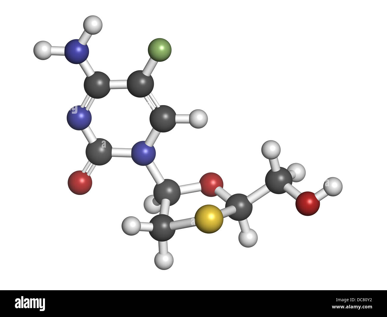 Emtricitabine HIV treatment drug, chemical structure. Atoms are ...