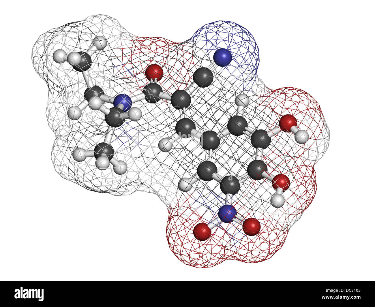 Entacapone Parkinson's disease drug, chemical structure. Atoms are ...
