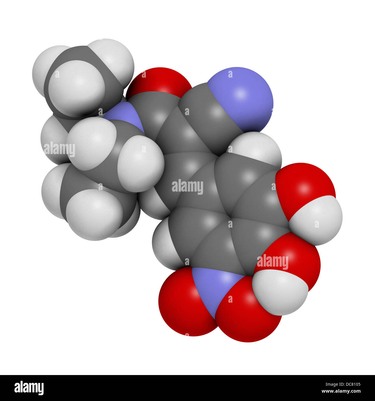 Entacapone Parkinson's disease drug, chemical structure. Atoms are ...