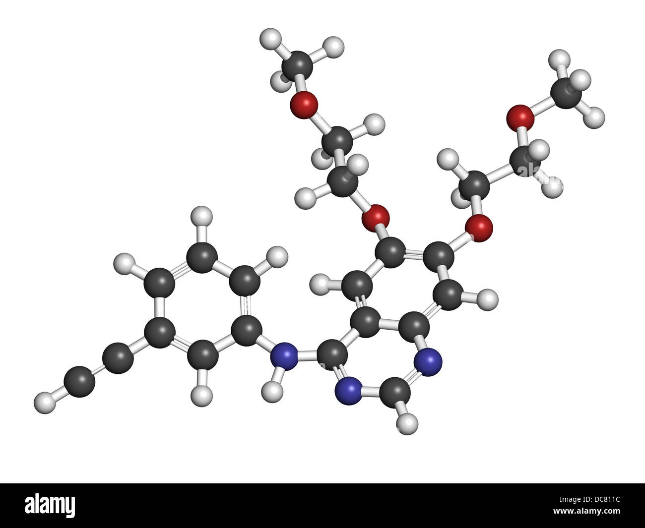 Erlotinib cancer drug, chemical structure. Atoms are represented as ...