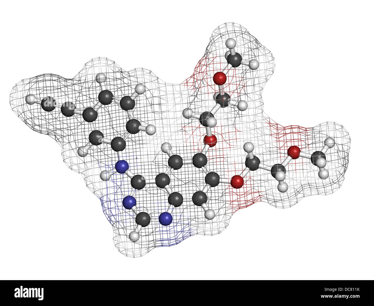Erlotinib cancer drug, chemical structure. Atoms are represented as ...