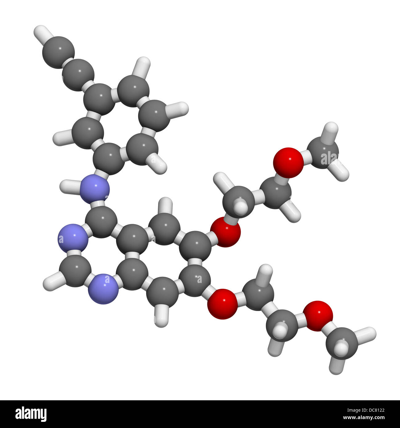 Erlotinib cancer drug, chemical structure. Atoms are represented as ...