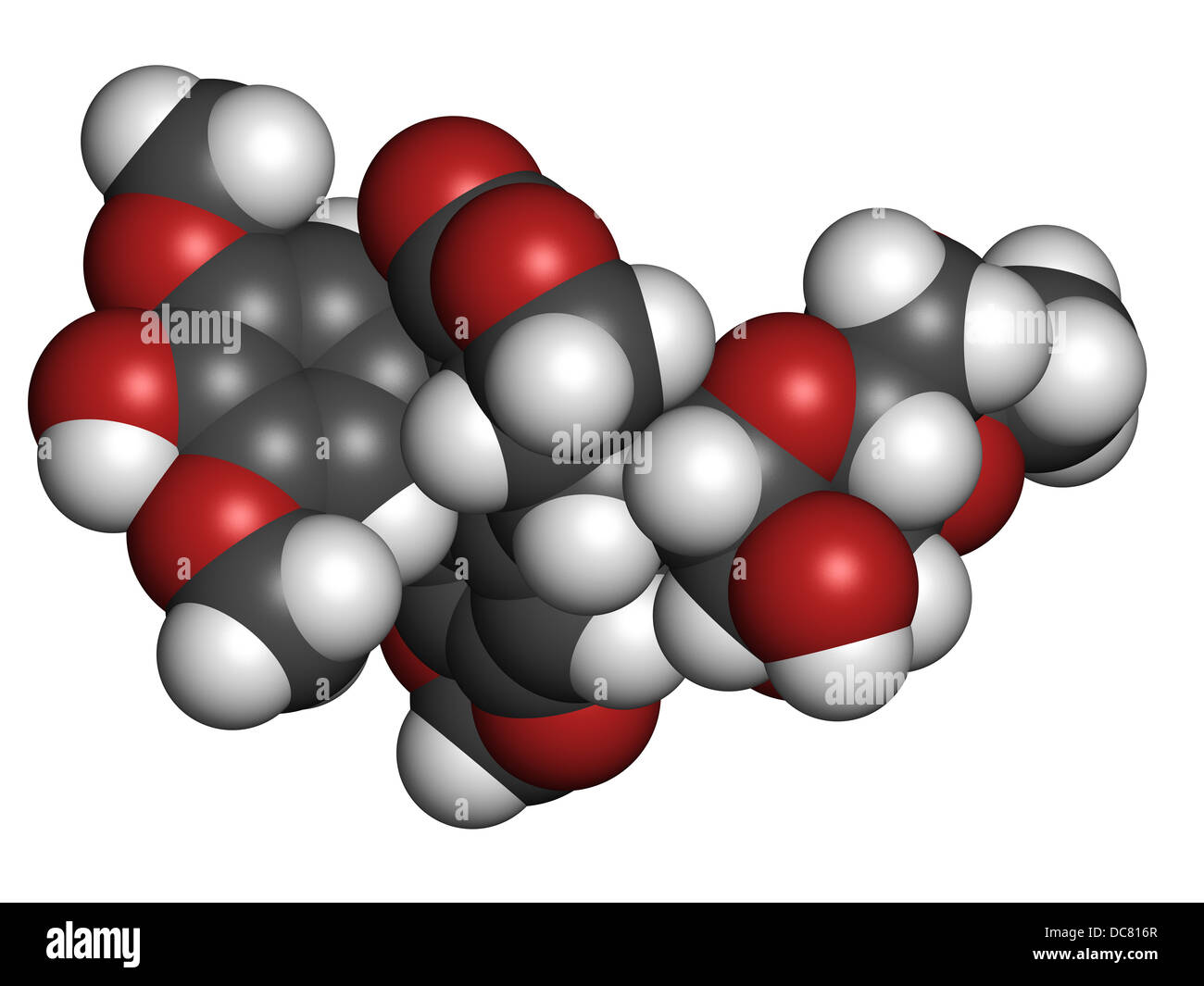 Etoposide cancer chemotherapy drug, chemical structure. Atoms are ...