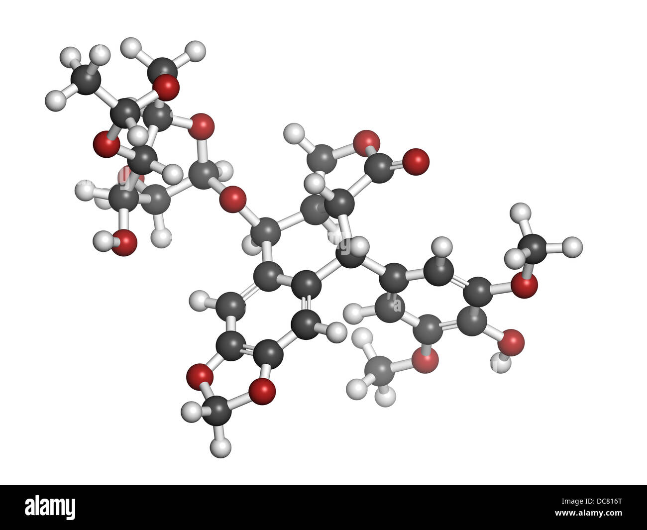 Etoposide cancer chemotherapy drug, chemical structure. Atoms are ...