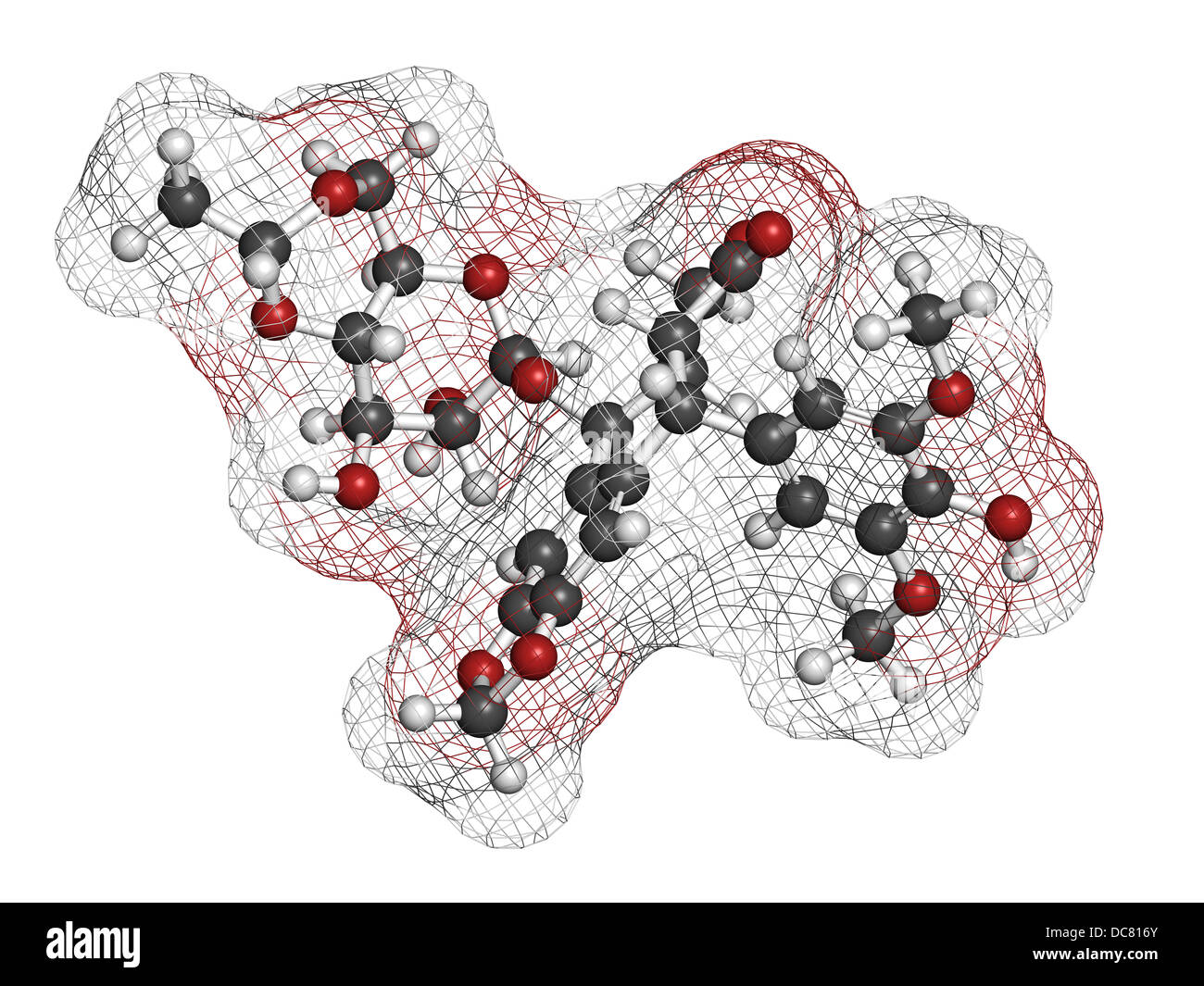 Etoposide cancer chemotherapy drug, chemical structure. Atoms are ...