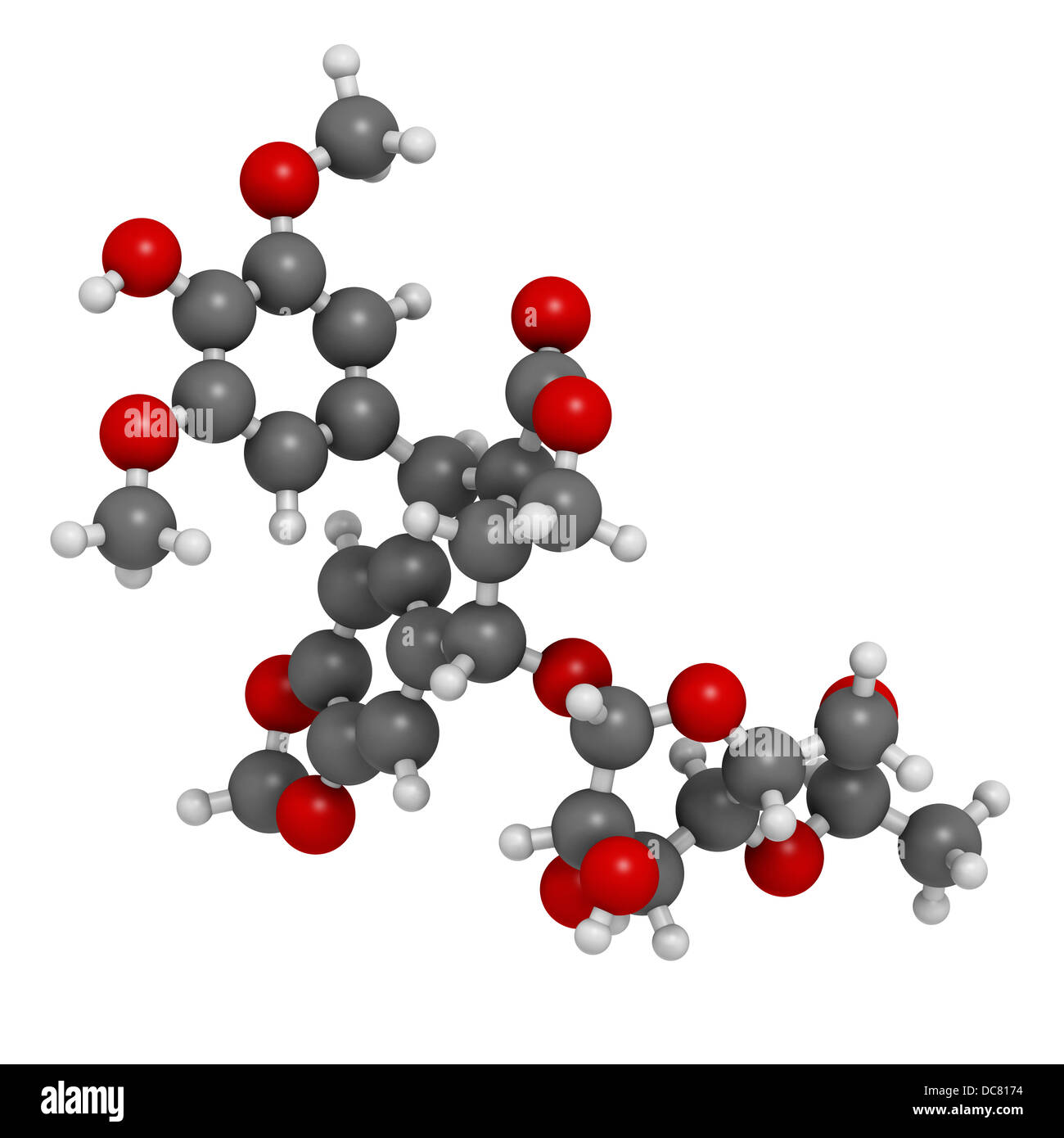 Etoposide cancer chemotherapy drug, chemical structure. Atoms are ...